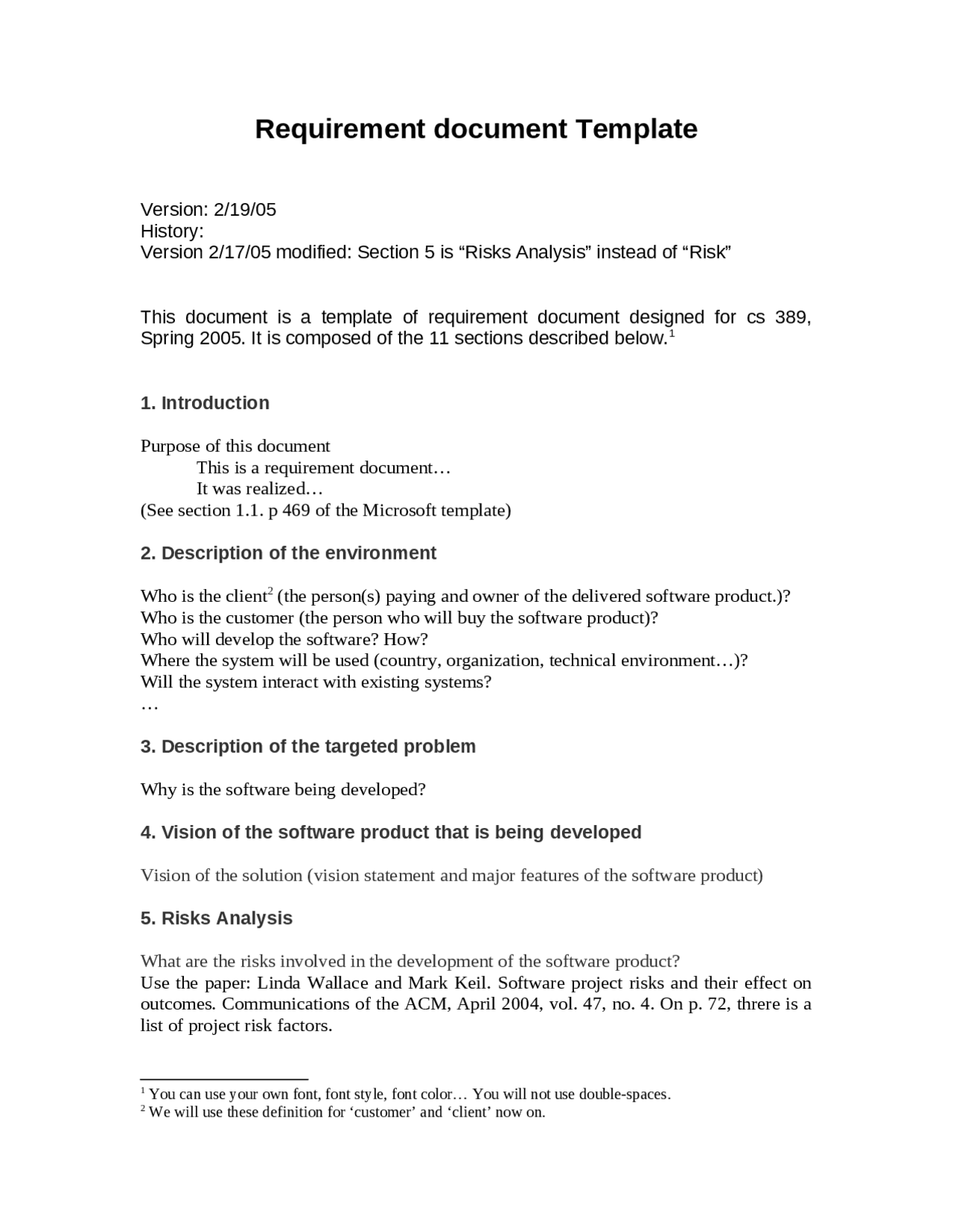Requirement Document Template for CS 389, Spring 2005 | Papers Software ...