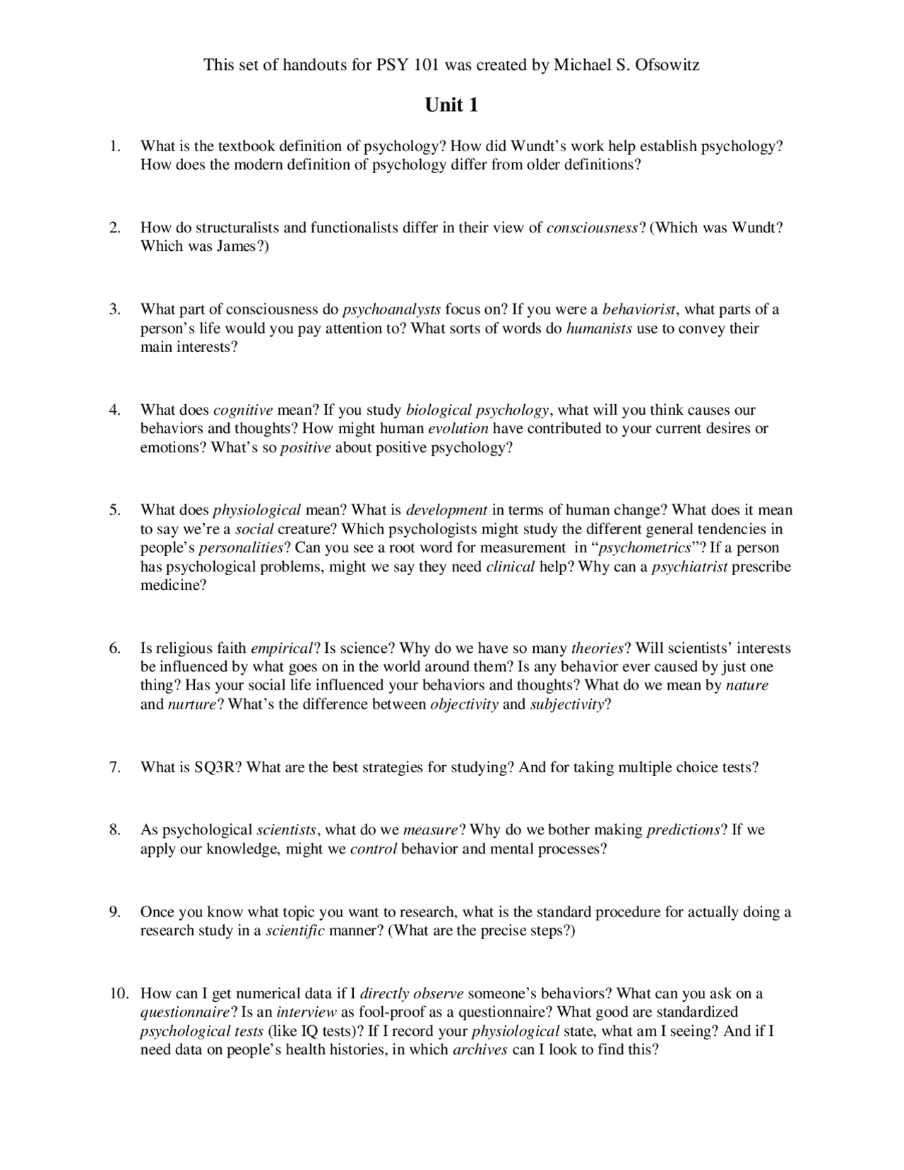 Assignment Questions On Introductory Psychology Psy 101 Assignments