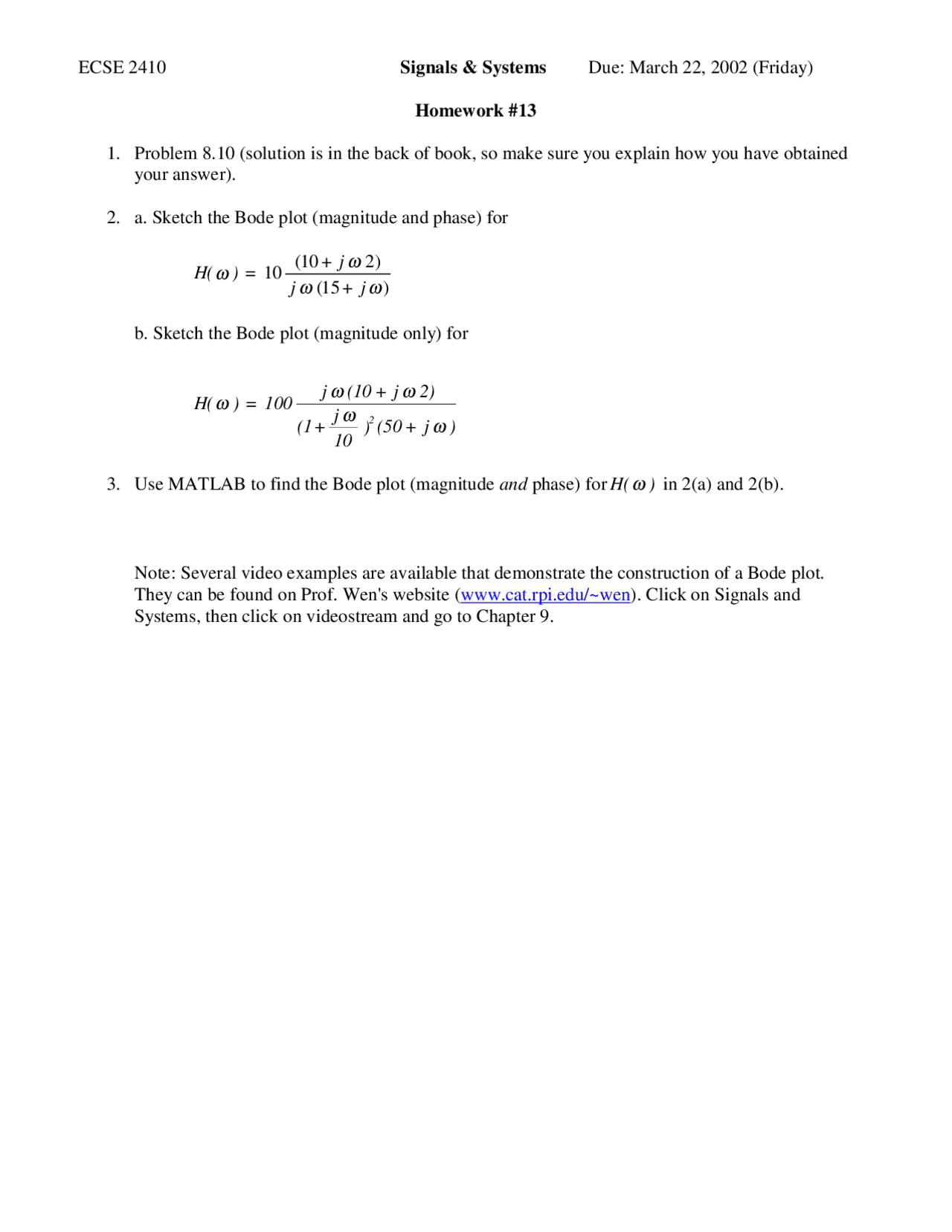 Problems For Homework 13 Signals And Systems Ecse 2410