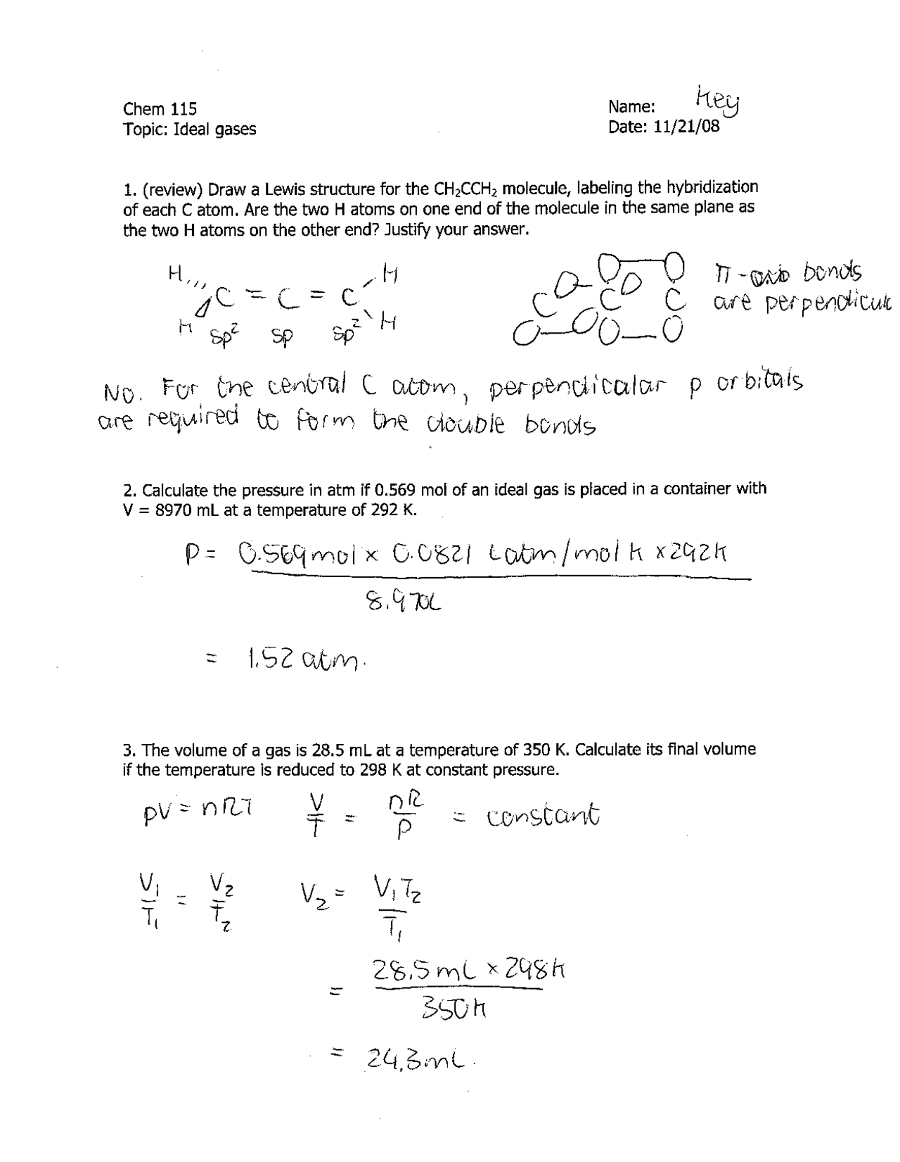 Ideal Gases - Assignment 10 with Answer Key | CHEM 115 - Docsity