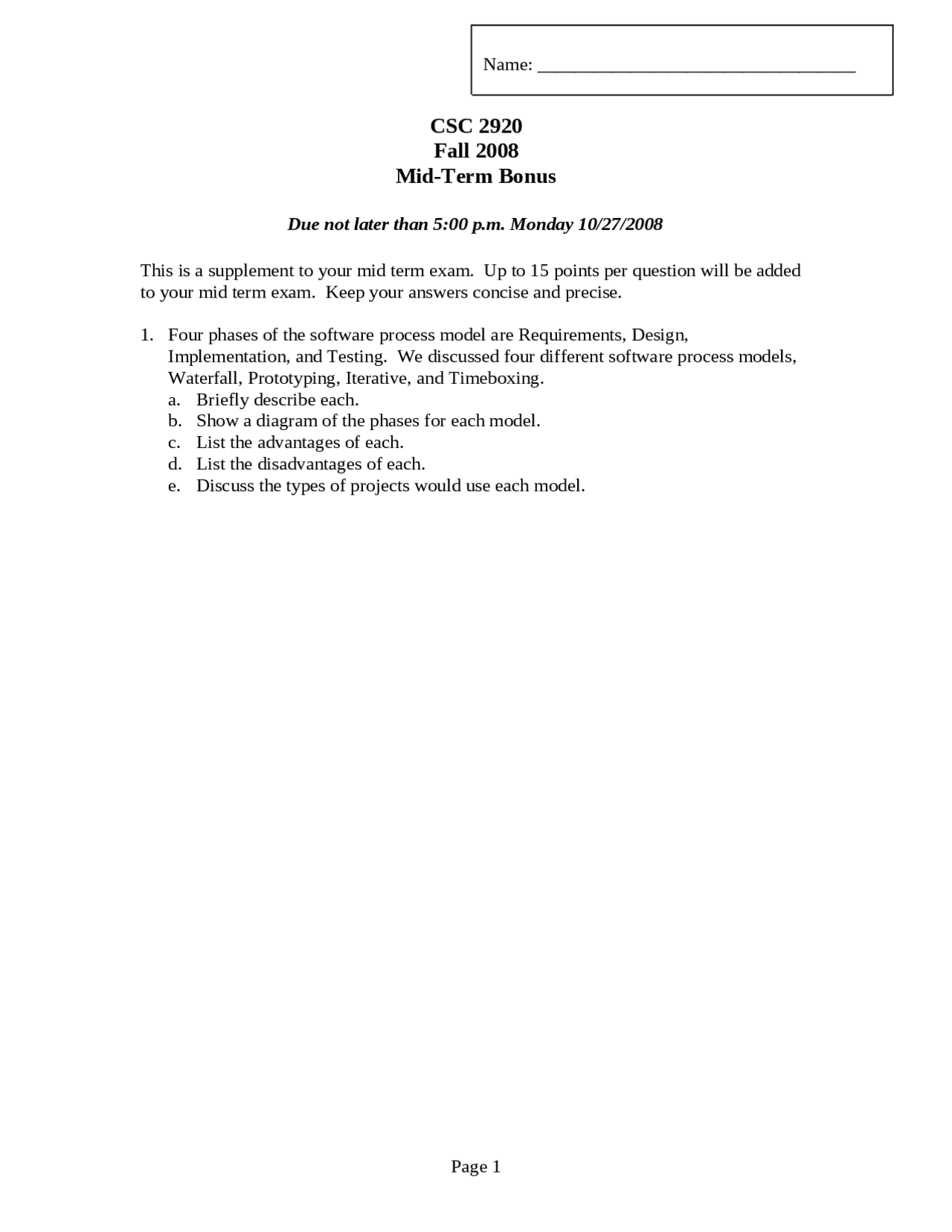 Midterm Exam I - Software Development and Professional Practice | CSC ...