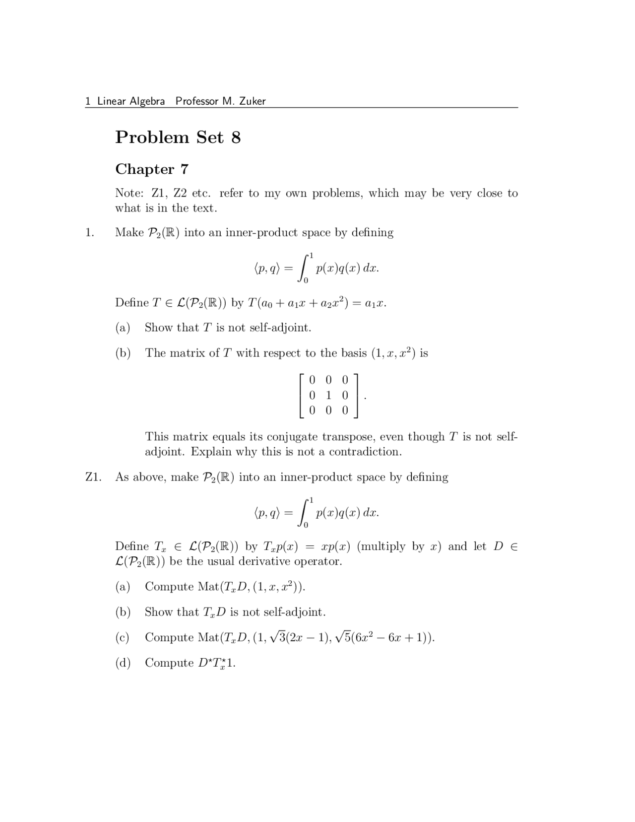 Problem Set 8 for Linear Algebra | MATH 4100 - Docsity