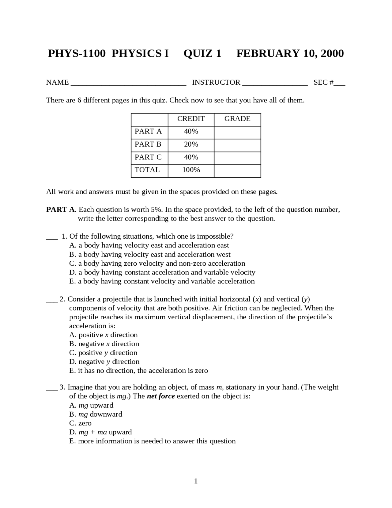 Quiz Questions Fall 2000 Physics I Phys 1100 Docsity