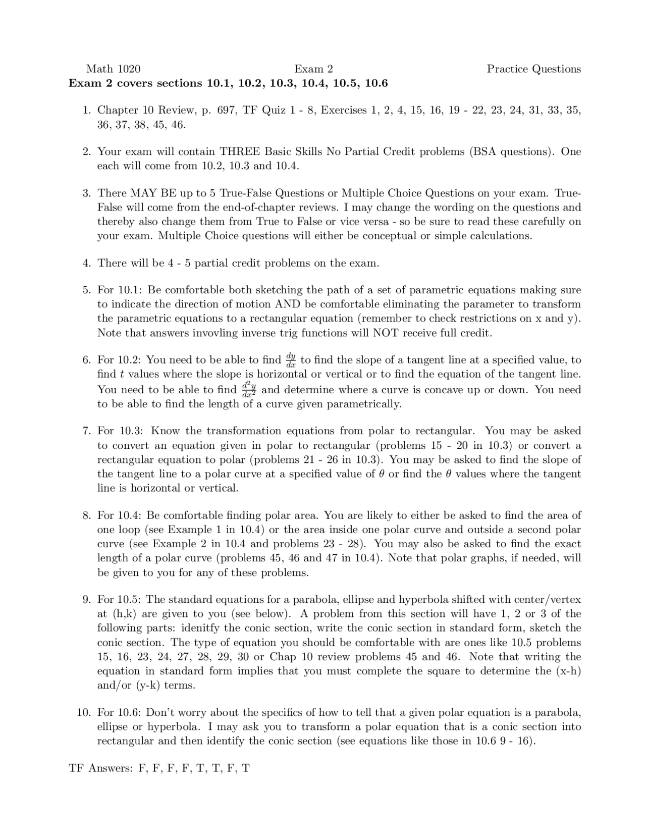 Exam 2 Practice Questions - Calculus II | MATH 1020 - Docsity