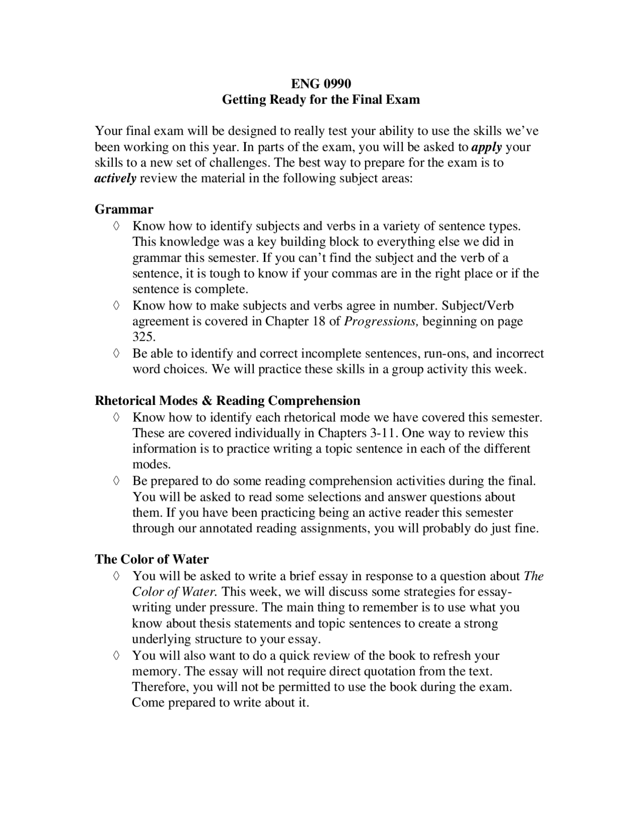 Preparing for the English Final Exam: Grammar, Rhetorical Modes, and ...