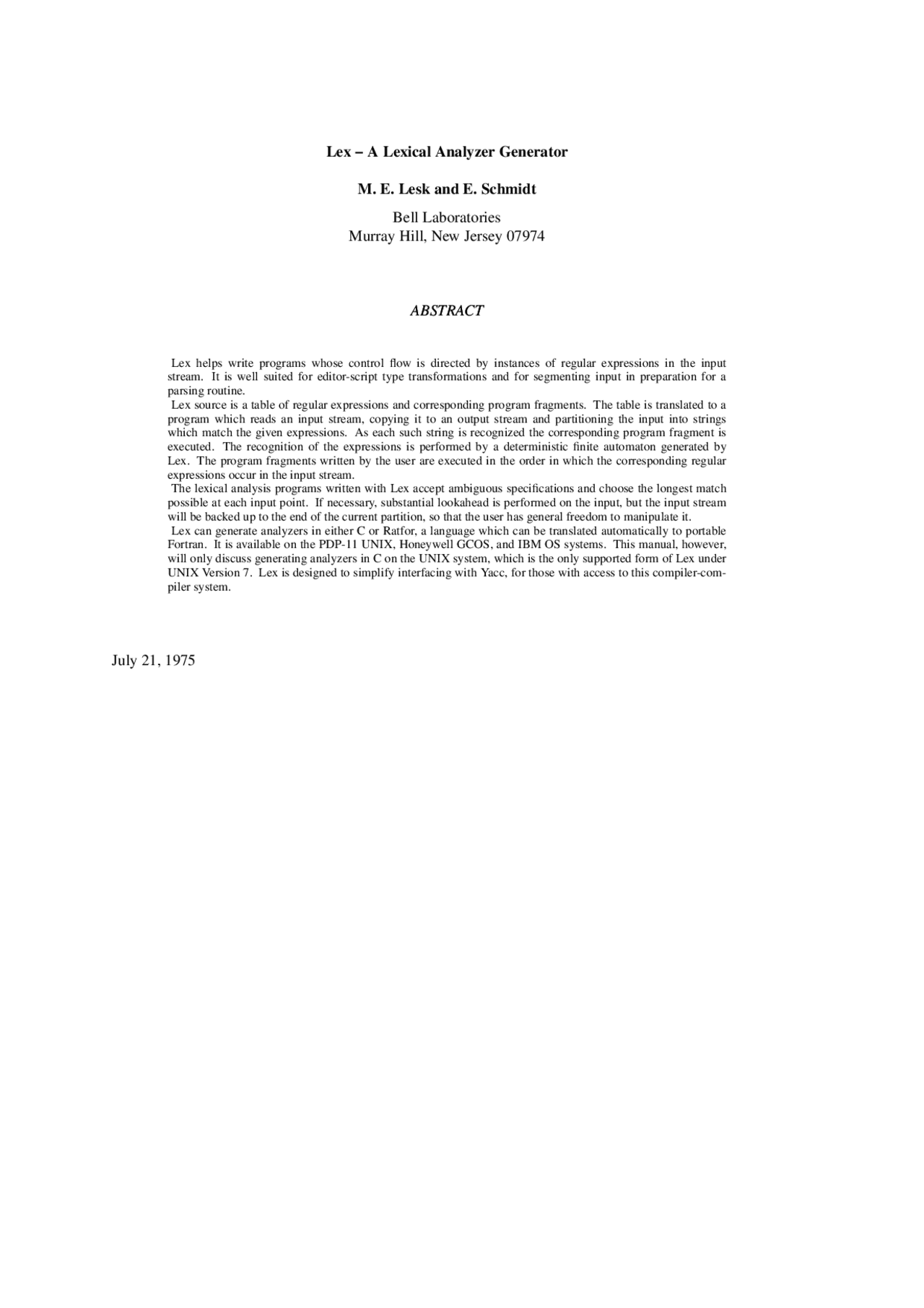 Lex A Lexical Analyzer Generator Principles Of Operating Systems