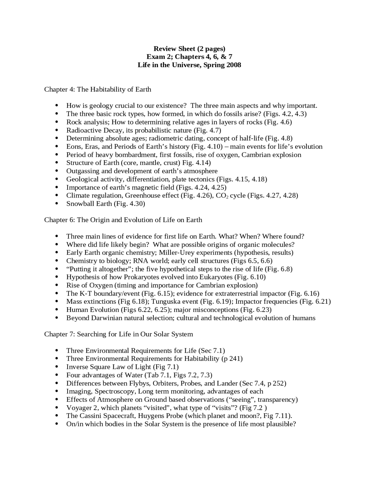Review Sheet For Old Exam 2 Life In The Universe Astr 305g Docsity