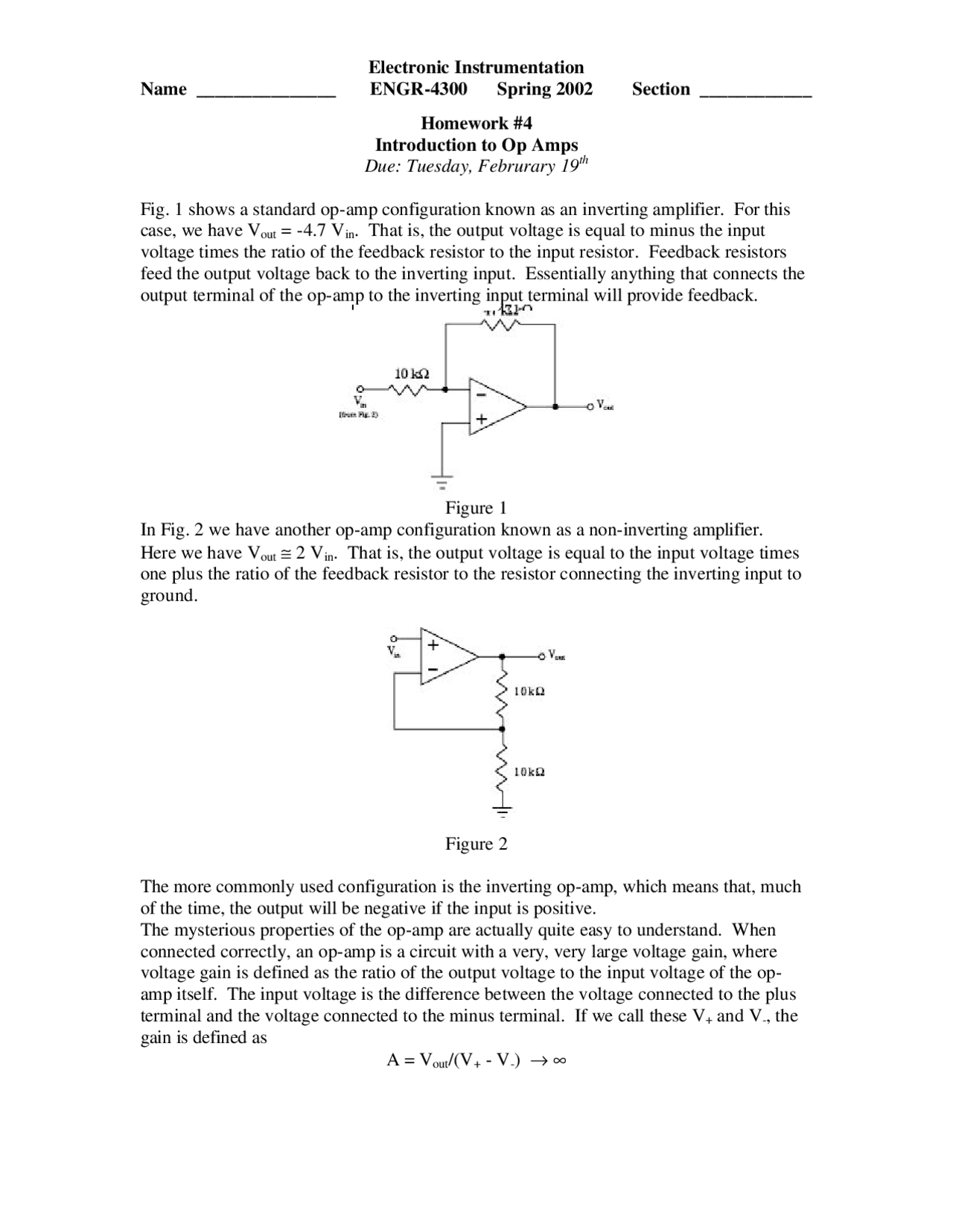 Introduction To Operational Amplifiers Homework 4 Engr 4300 Docsity