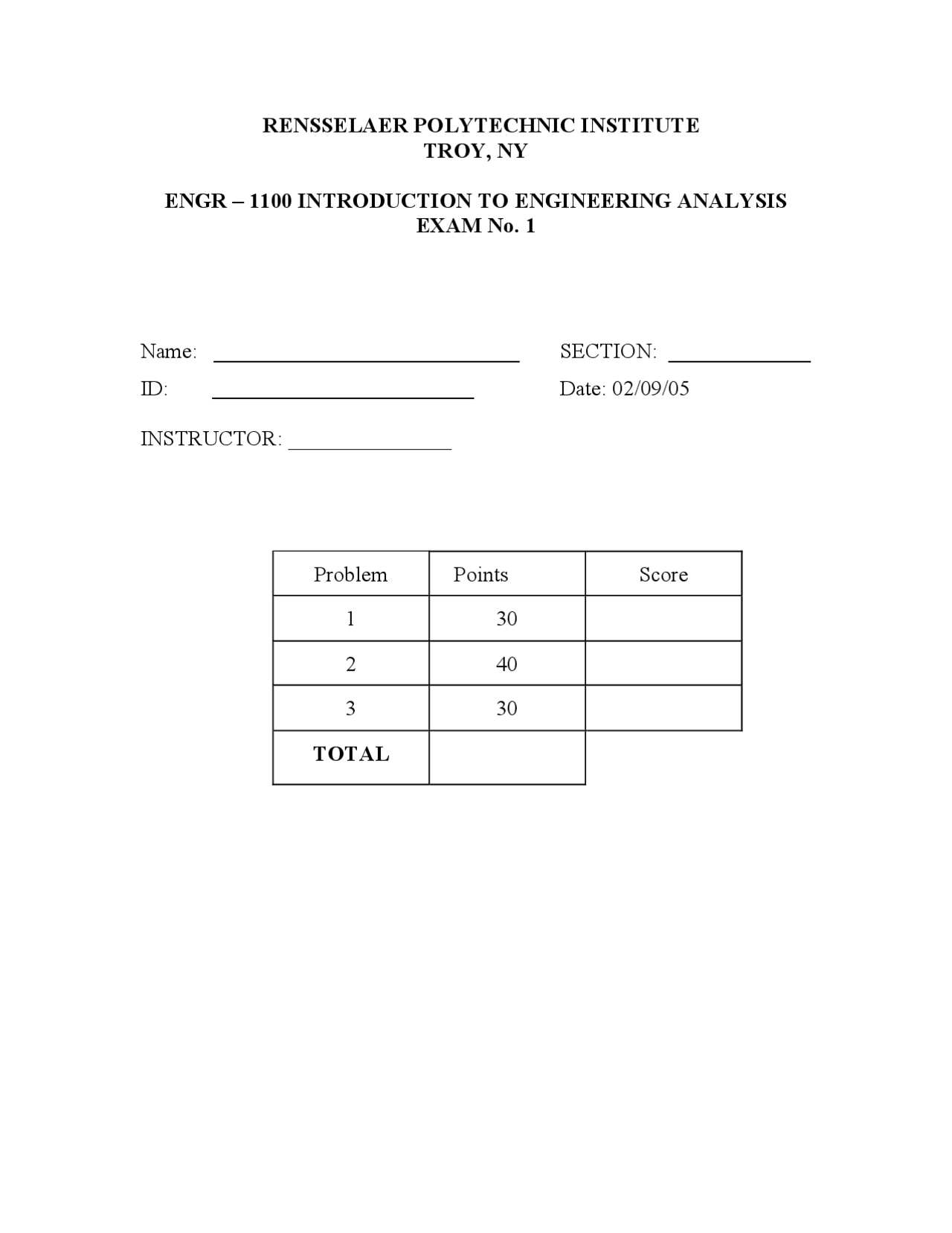 Practice Exam 1 Introduction To Engineering Analysis 2005 Engr