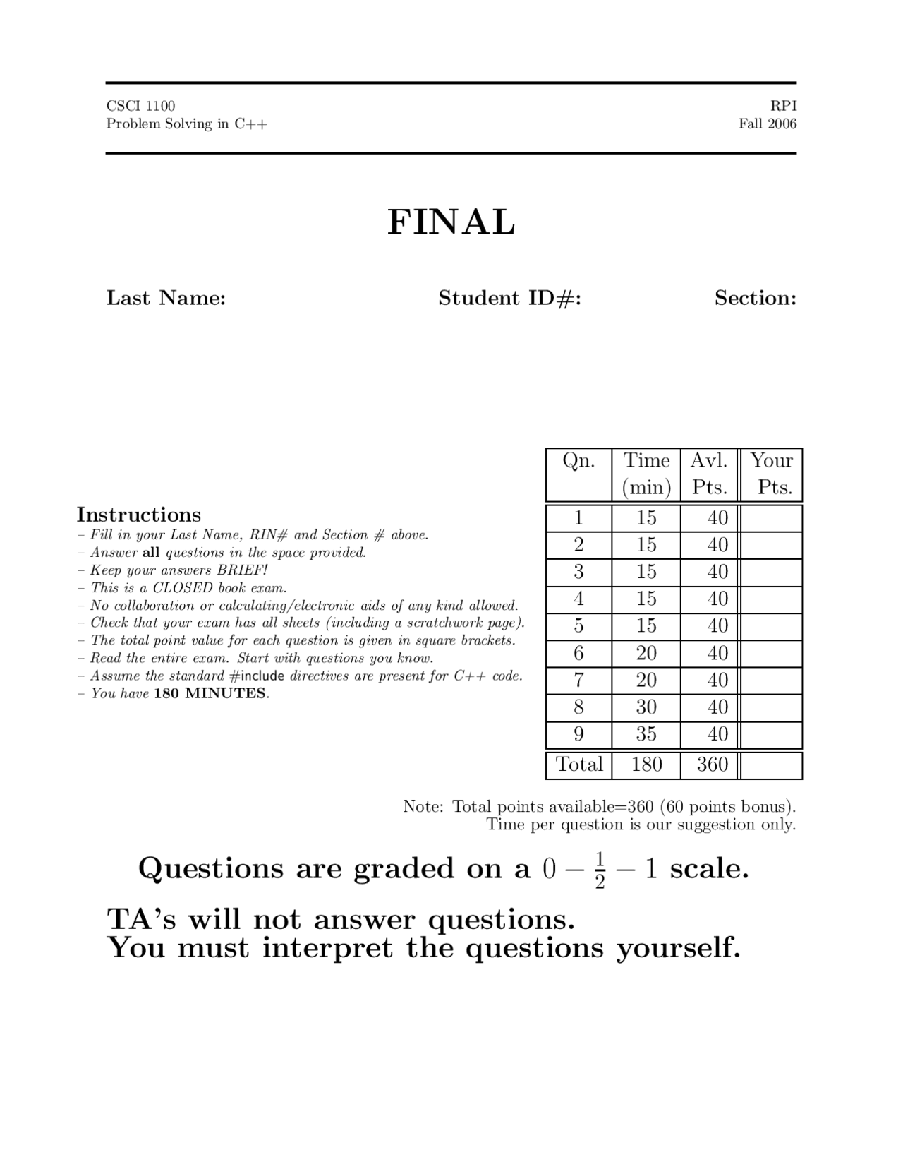 Final Exam Instructions for Computer Science I | CSCI 1100 - Docsity