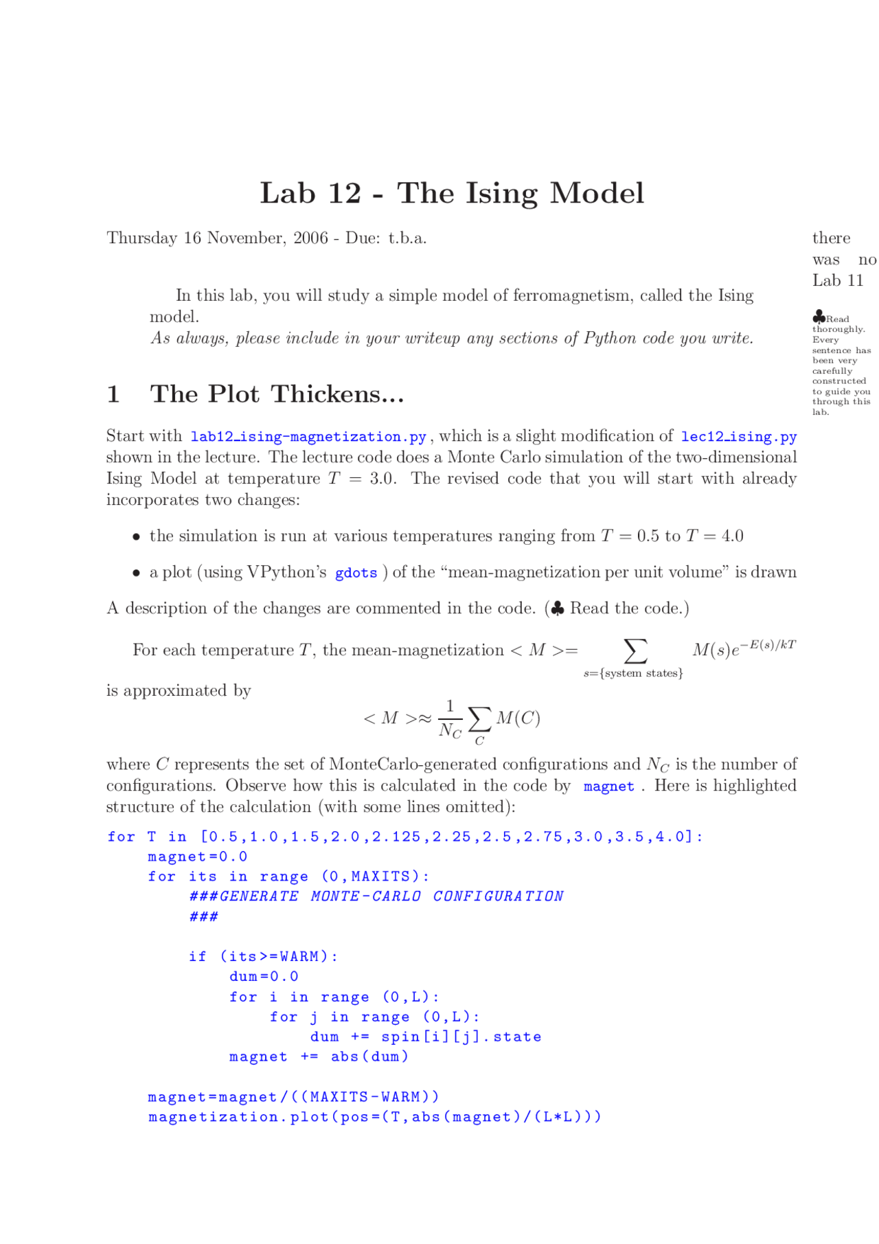 Laboratory12: The Ising Model - Fall 2006 | PHY 307 - Docsity