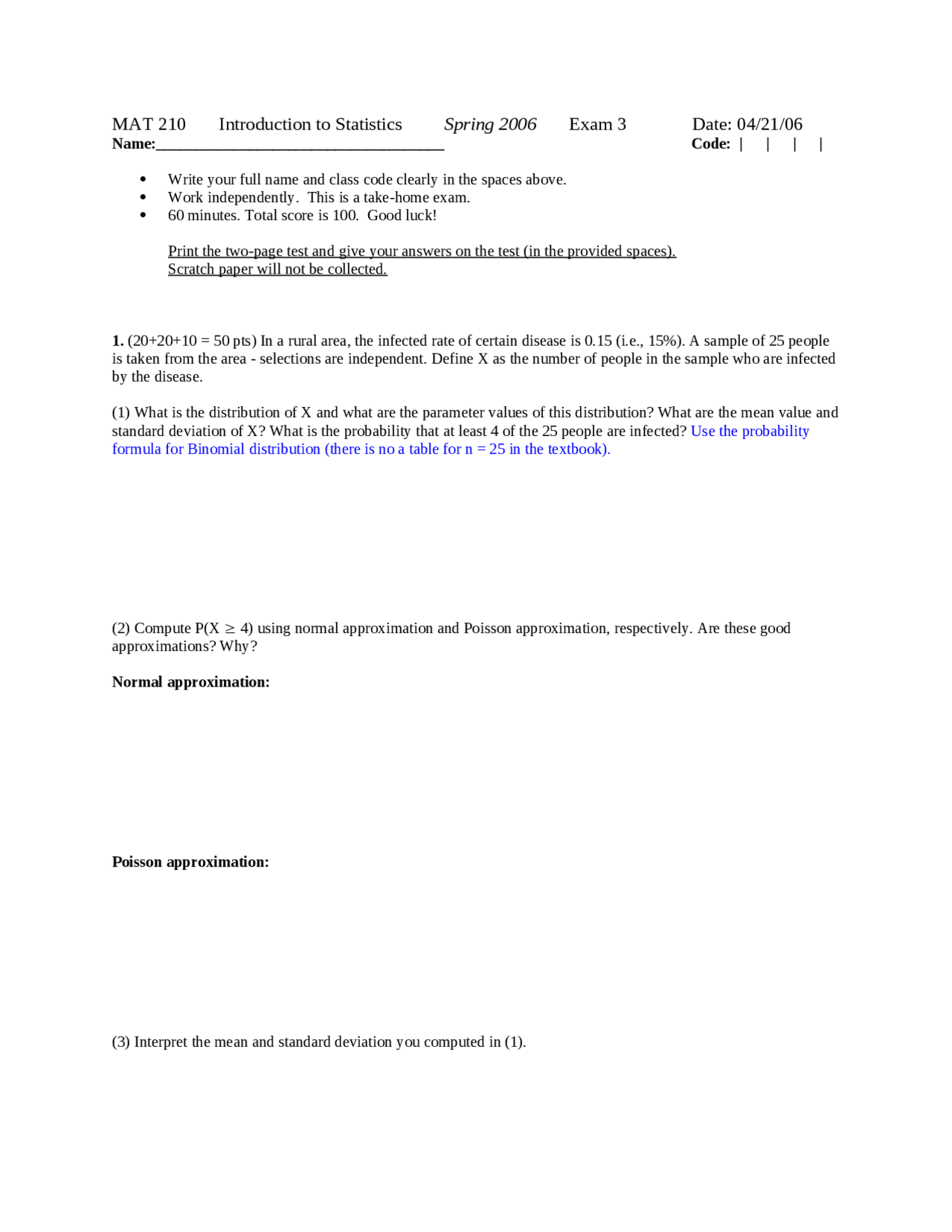 Exam 3 Questions Introduction To Statistics Mat 2100 Docsity