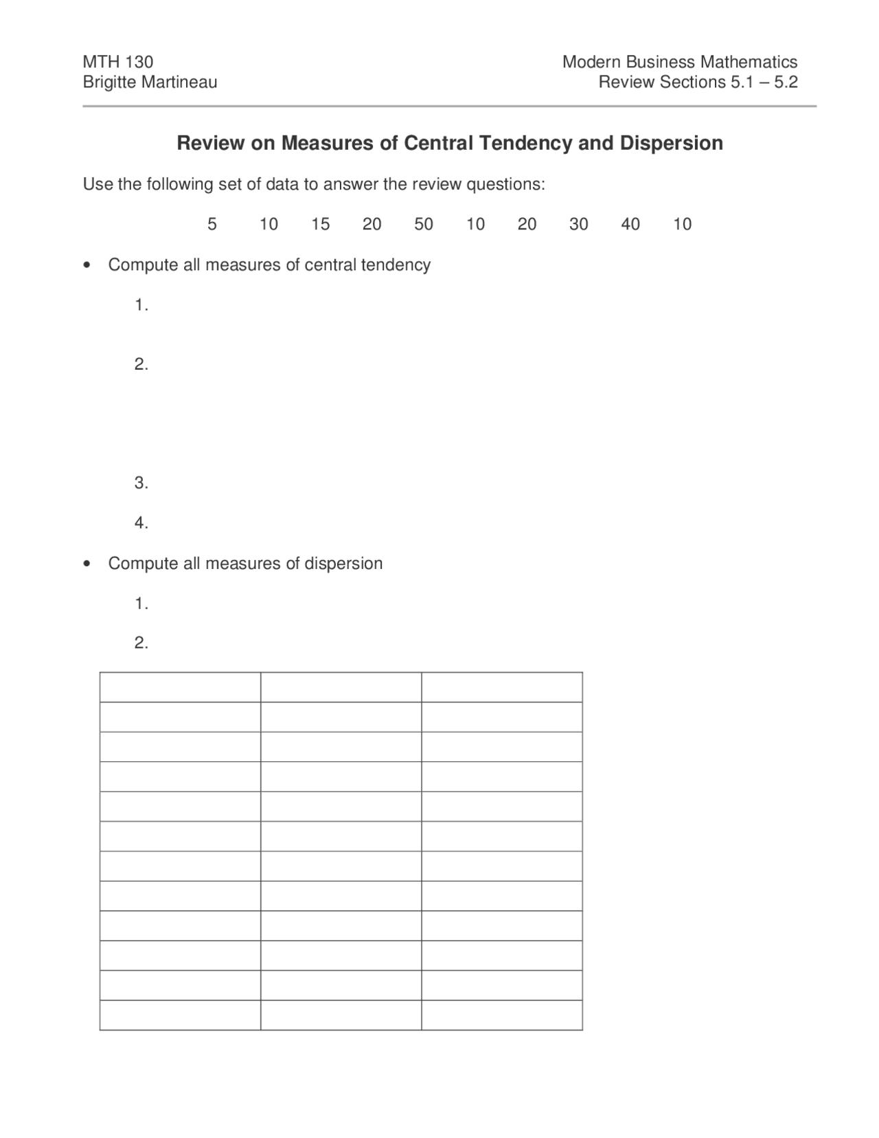 Review on Measures of Central Tendency and Dispersion | MTH 130 - Docsity