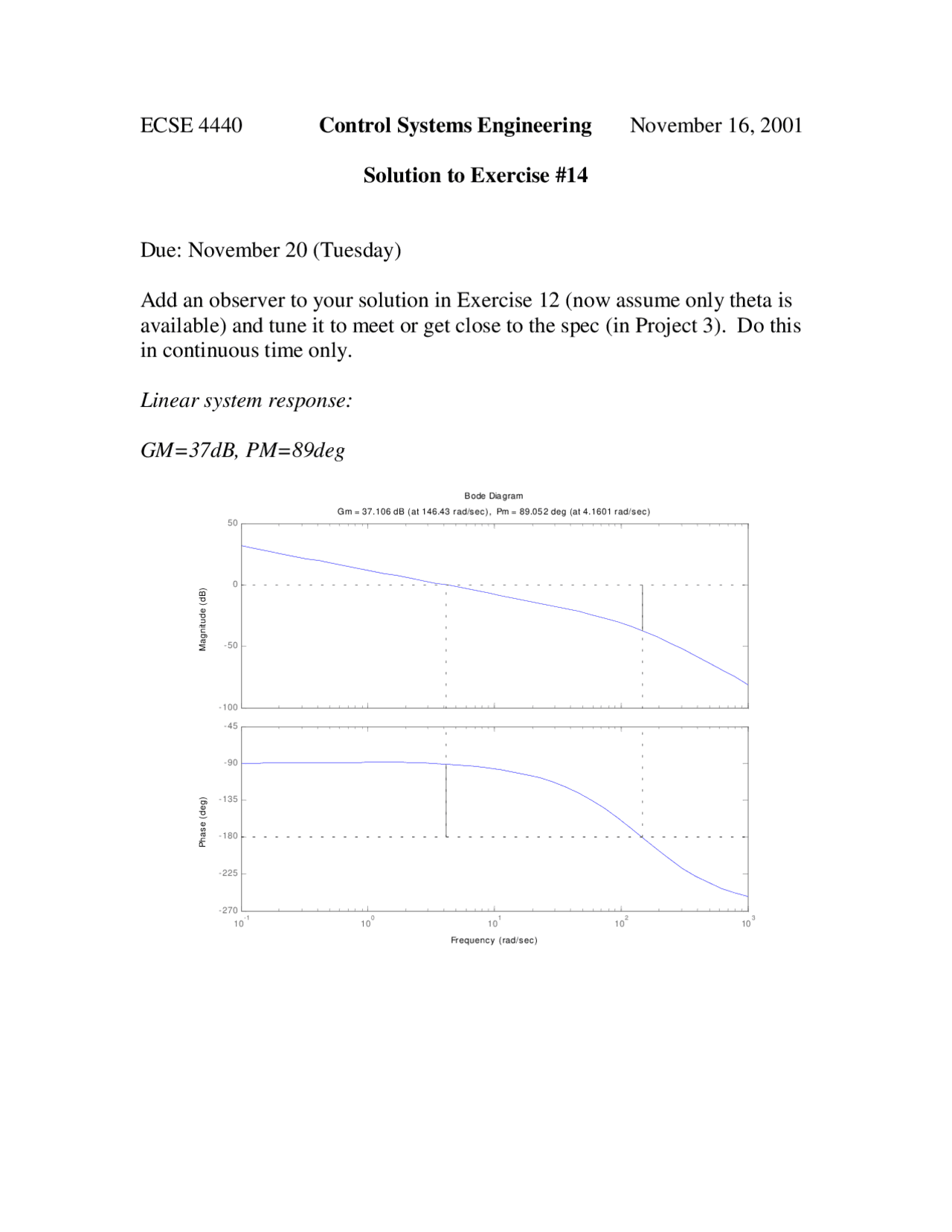 Assignment 4 Solutions Control Systems Engineering Fall 2001 Ecse