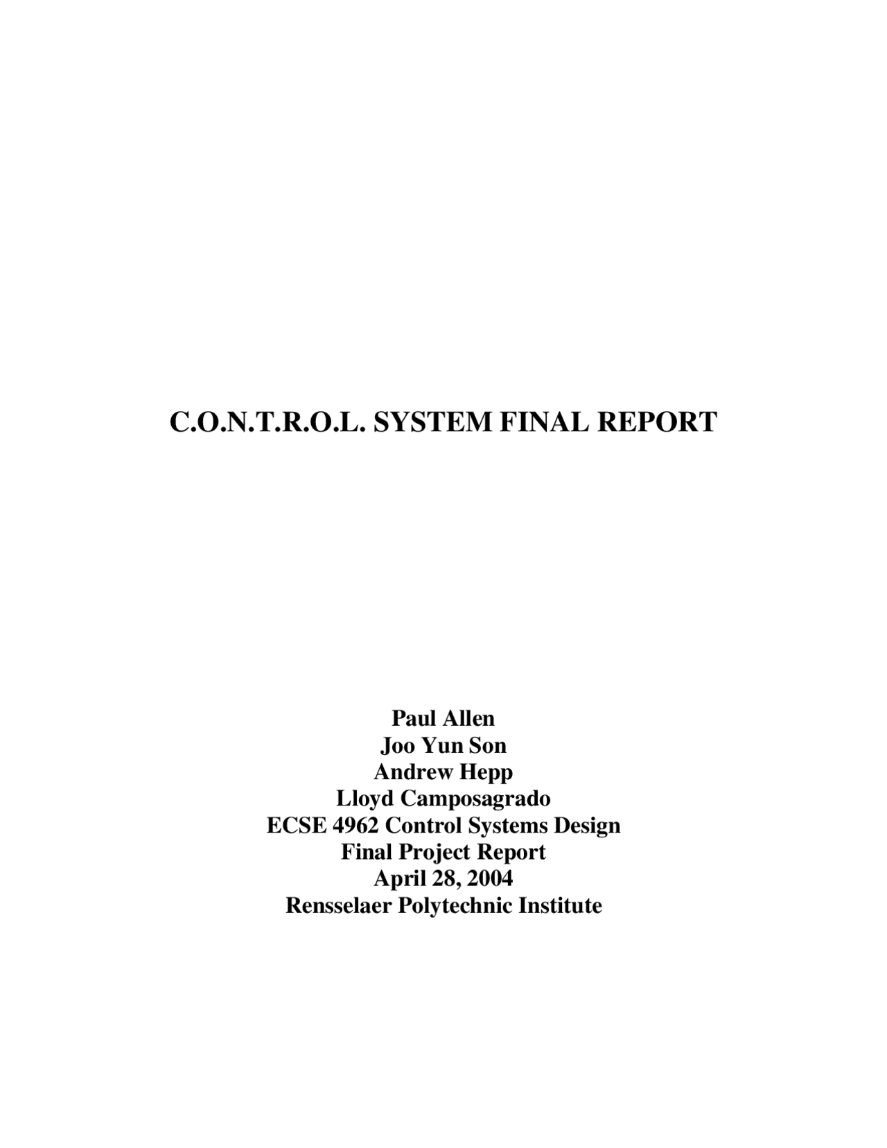 Control System Design Final Project Report Ecse 4962 Docsity