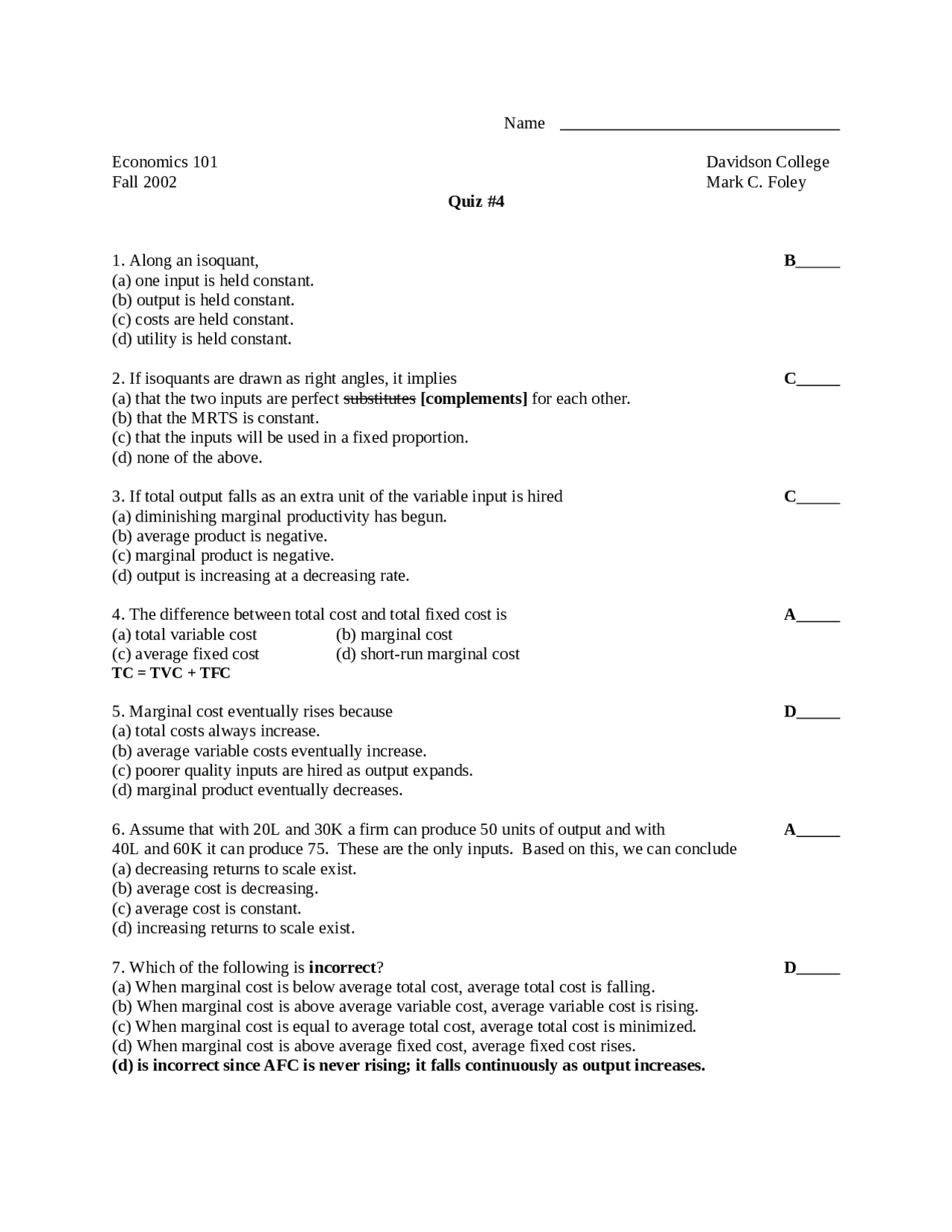 Quiz 4 Solutions Introductory Economics Eco 101 Docsity