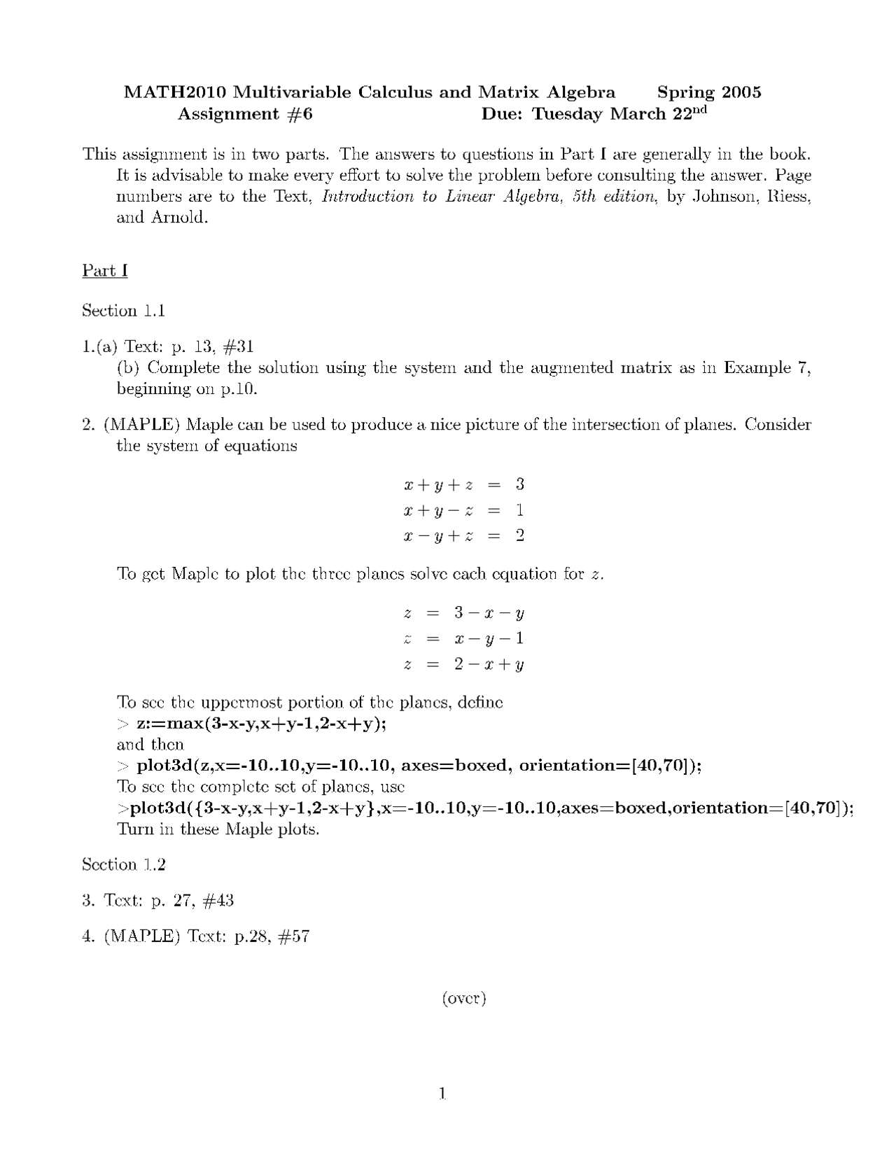 Assignment #6 - Multivariable Calculus and Matrix Algebra | MATH 2010 ...