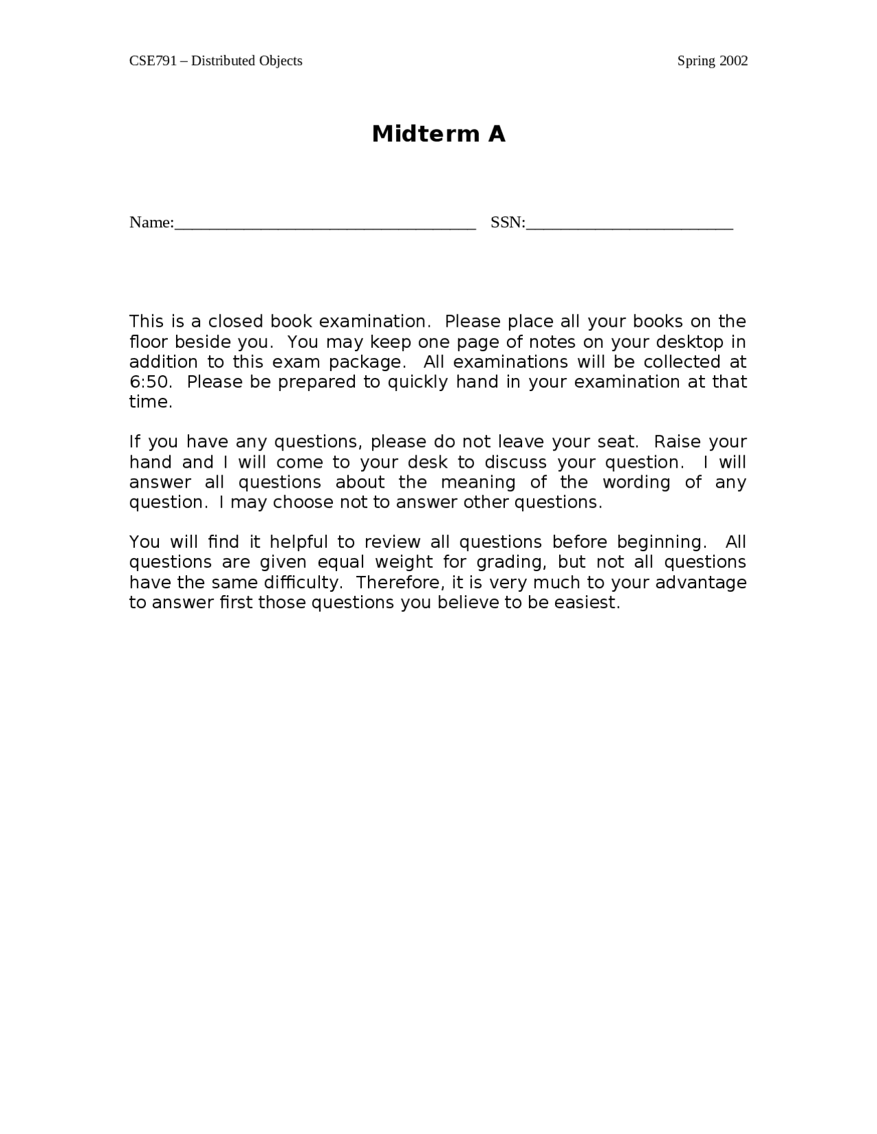 Midterm Exam for CSE791 - Distributed Objects (Spring 2002) - Prof. James Fawcett | Exams ...