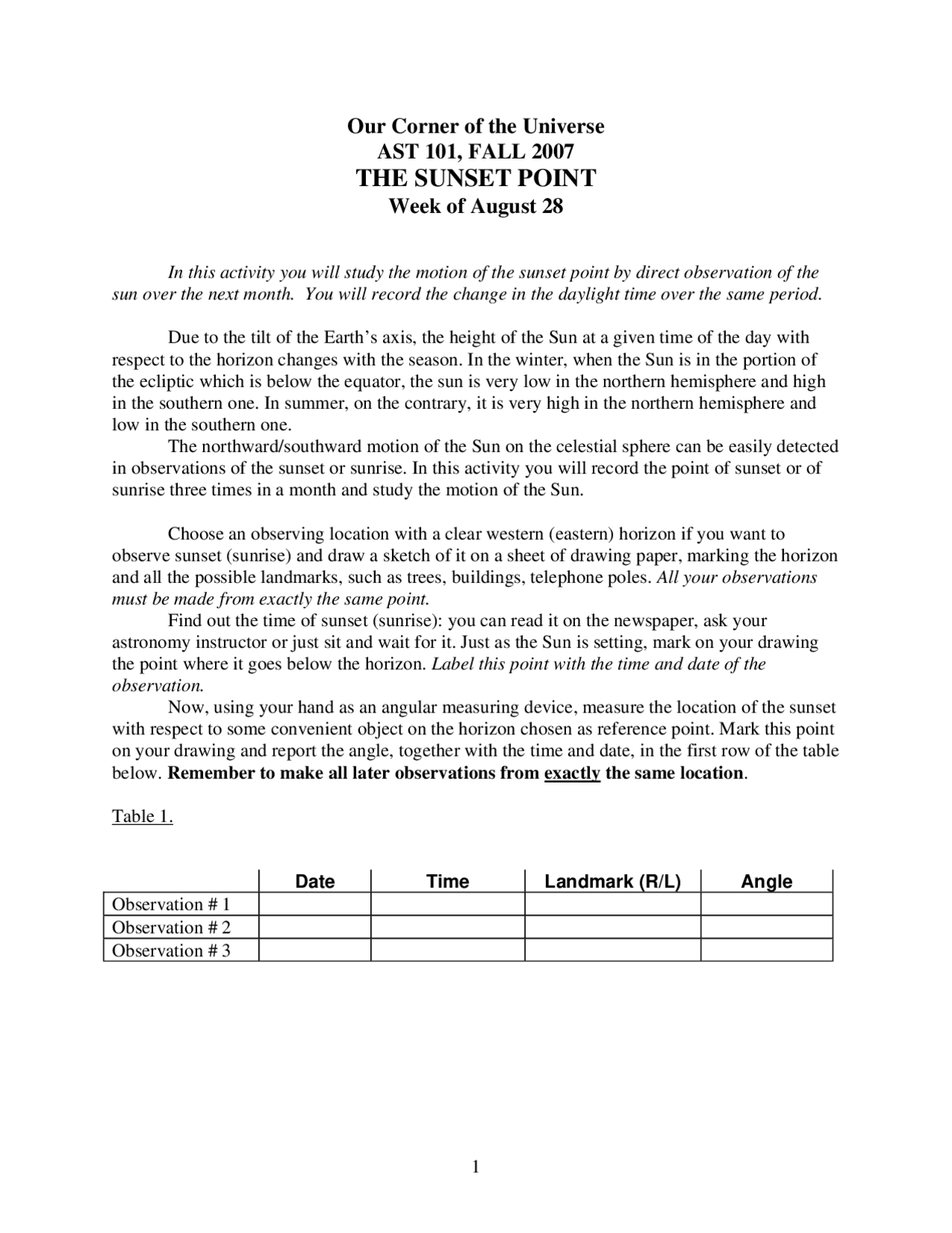 The Sunset Point Our Corner Of The Universe Paper Ast 101 Docsity