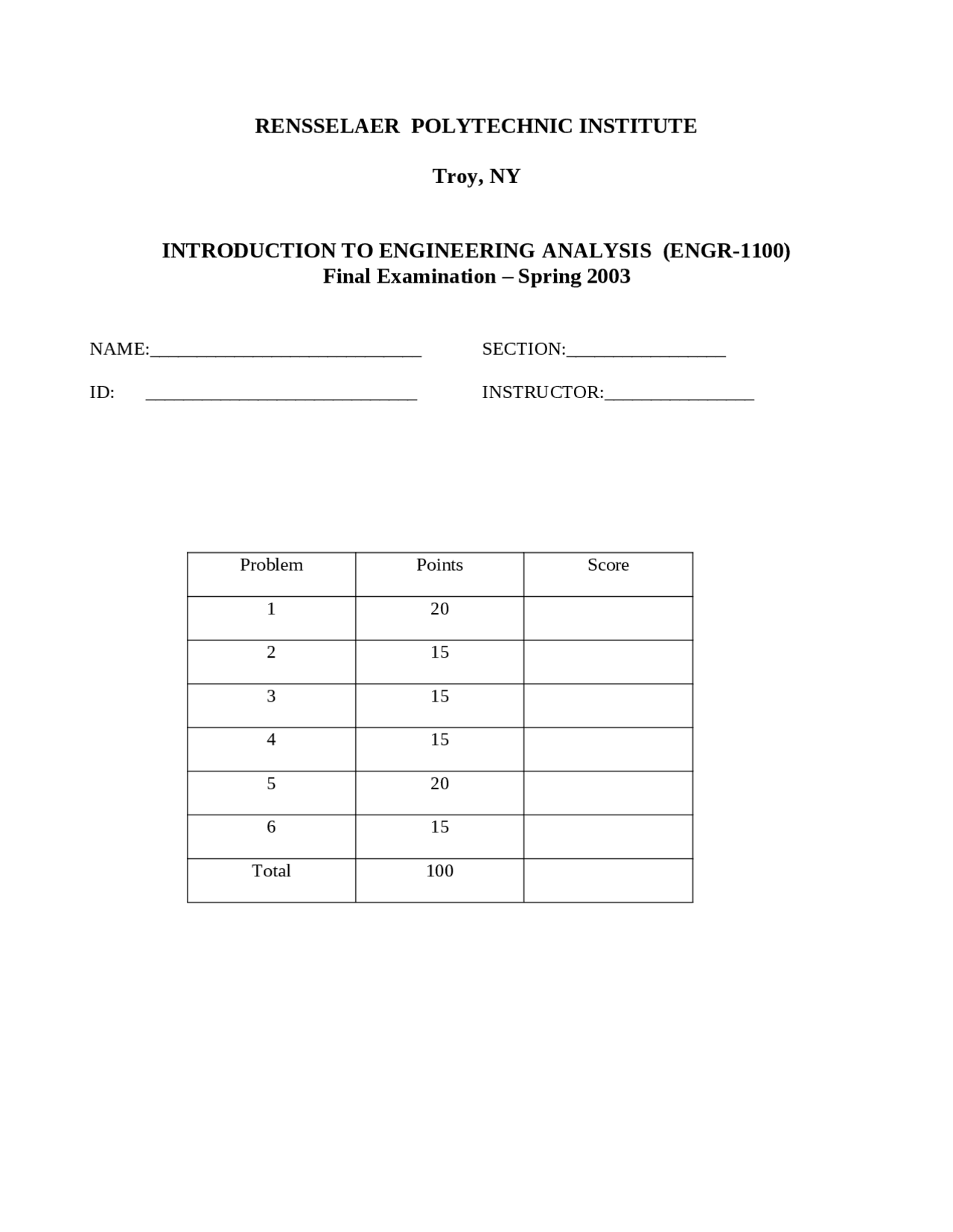 Introduction To Engineering Analysis Final Exam Engr 1100 Docsity