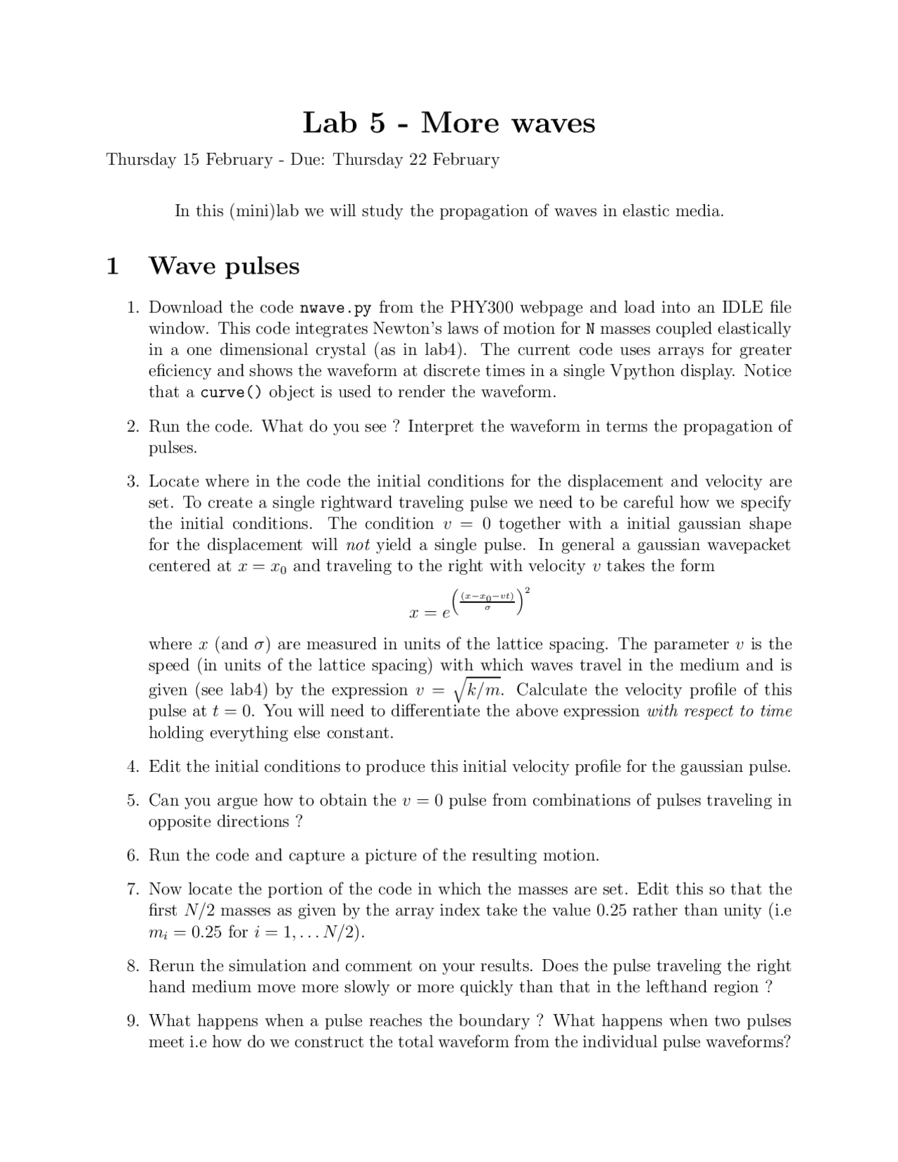 Laboratory 5 : More Waves, Waves Pulses | PHY 300 - Docsity