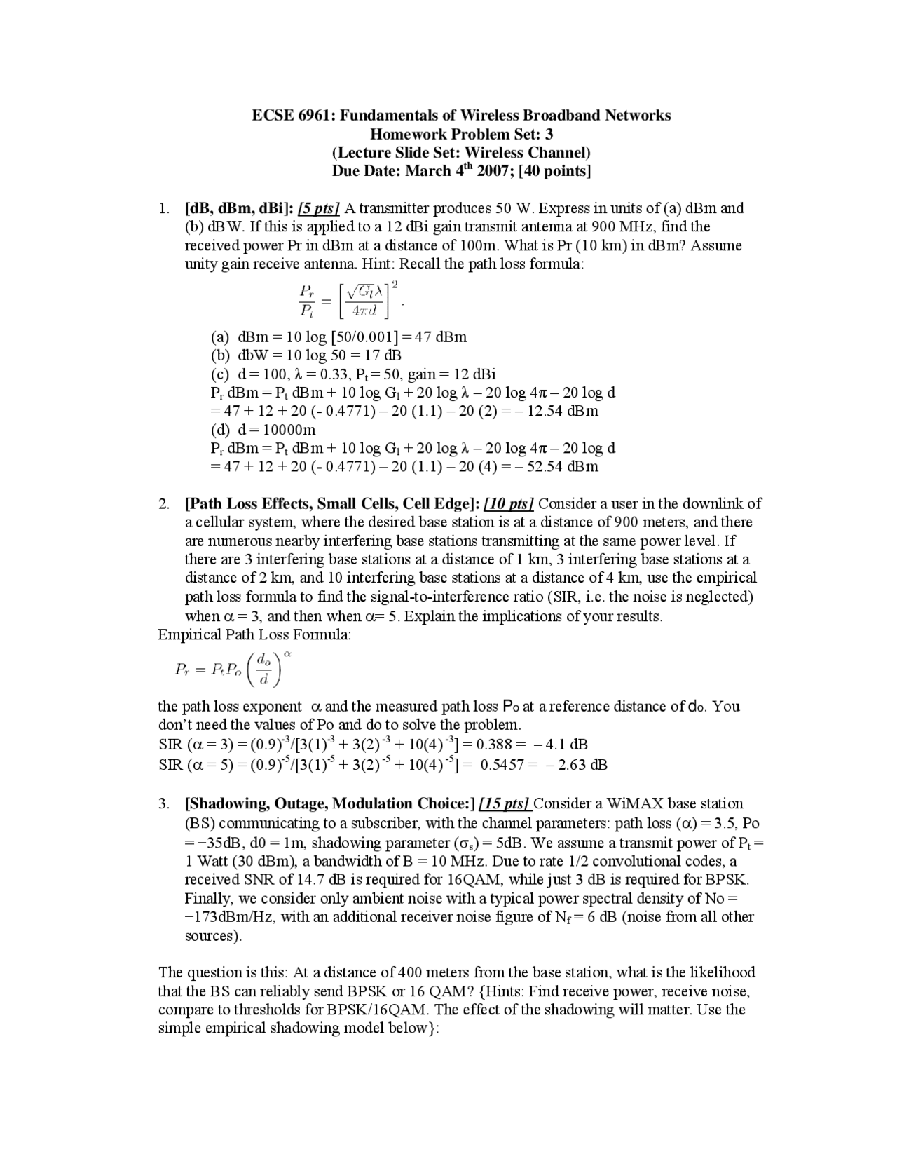 Homework Problem Set 3 Fundamentals Of Wireless Broadband Networks