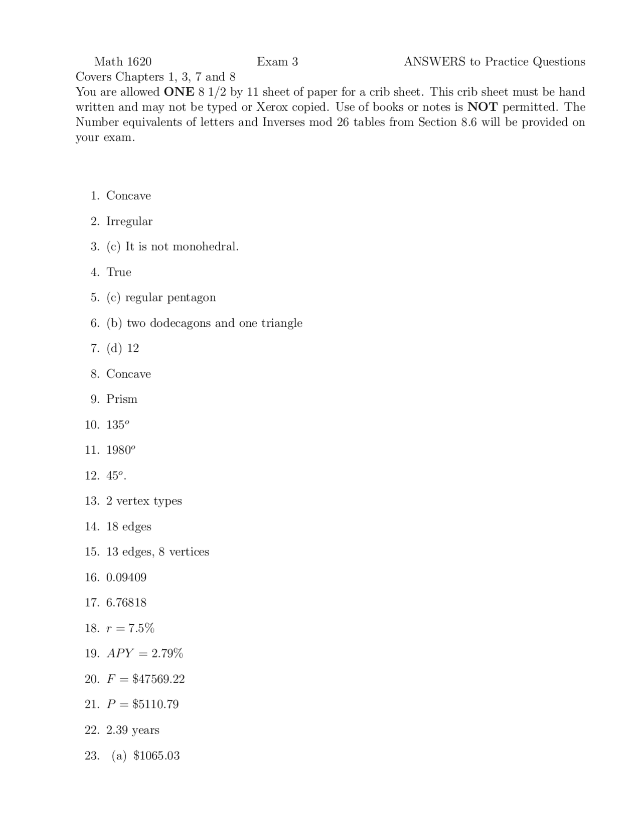 Practice Questions With Answers Contemporary Math Ideas Exam 3