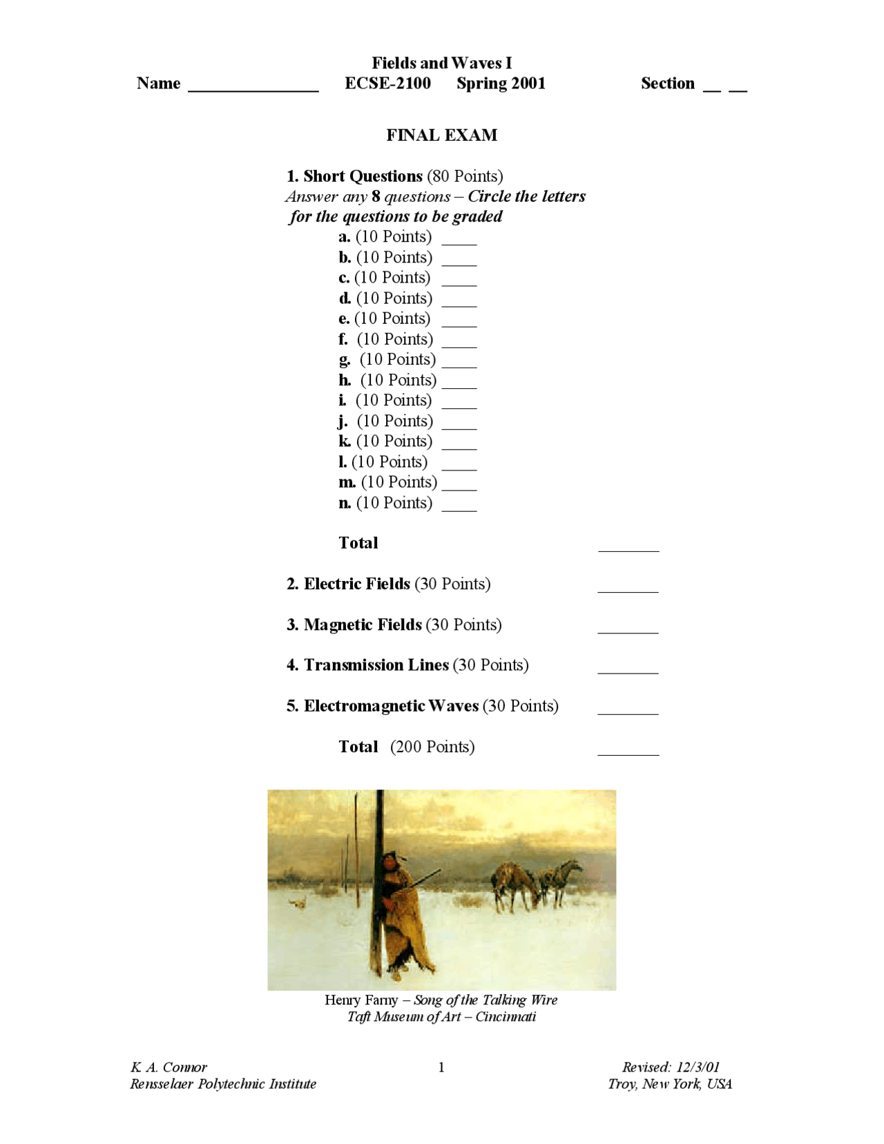 Final Exam Field And Waves I Ecse 2100 Docsity