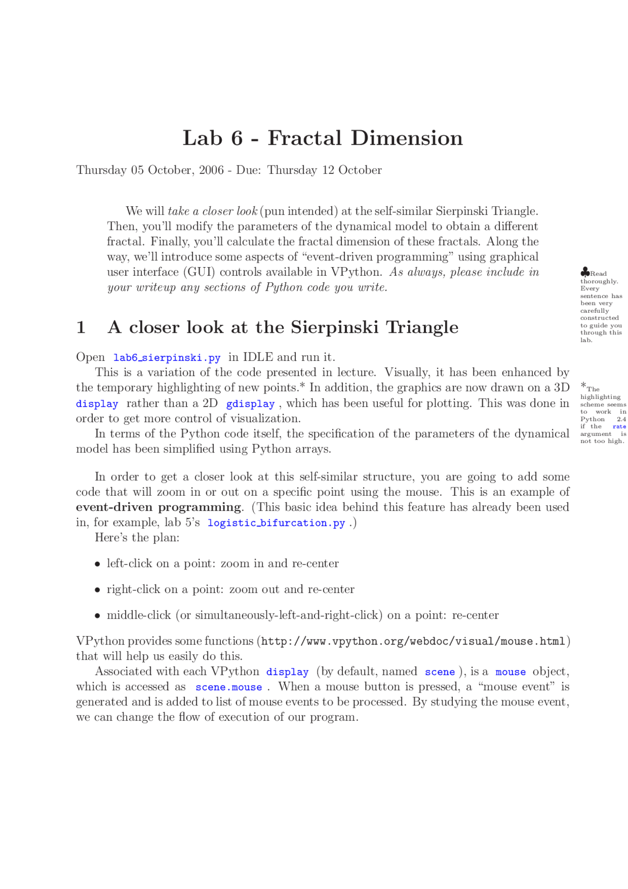 Laboratory 6: Fractal Dimension - Fall 2006 | PHY 307 - Docsity