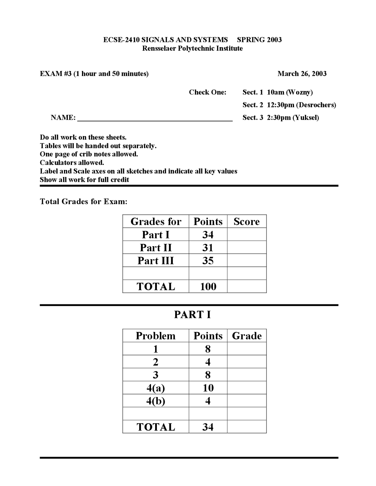 Exam 3 Questions Signals And Systems Ecse 2410 Docsity