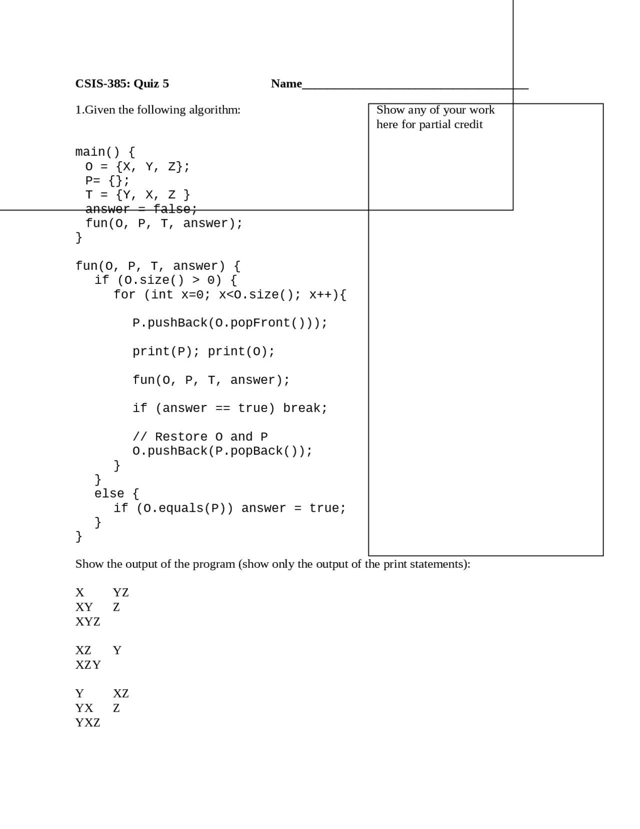Solutions For Quiz V Analysis Of Algorithms Csis 385 Docsity 3750