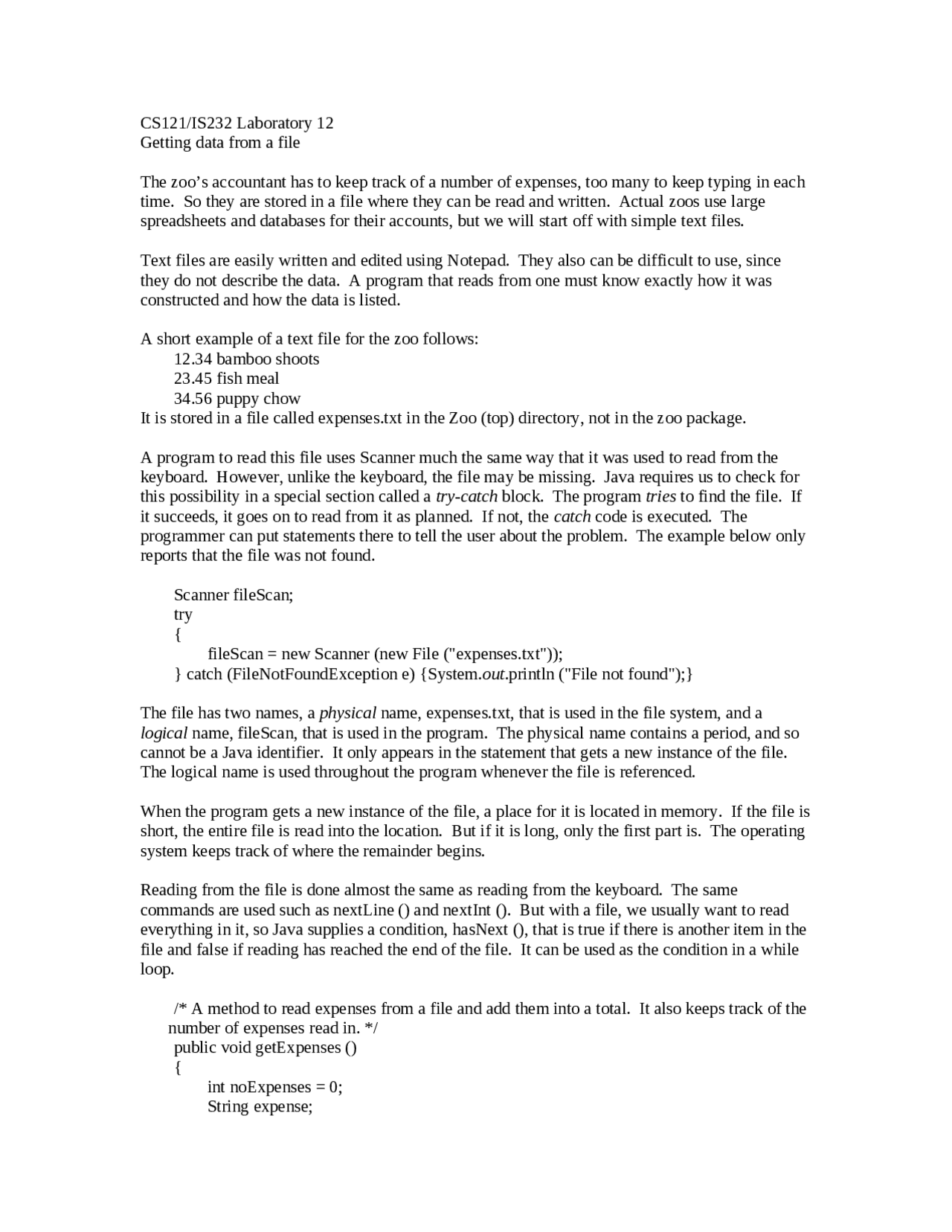 Getting Data From a File - Laboratory 12 | CS 121 - Docsity