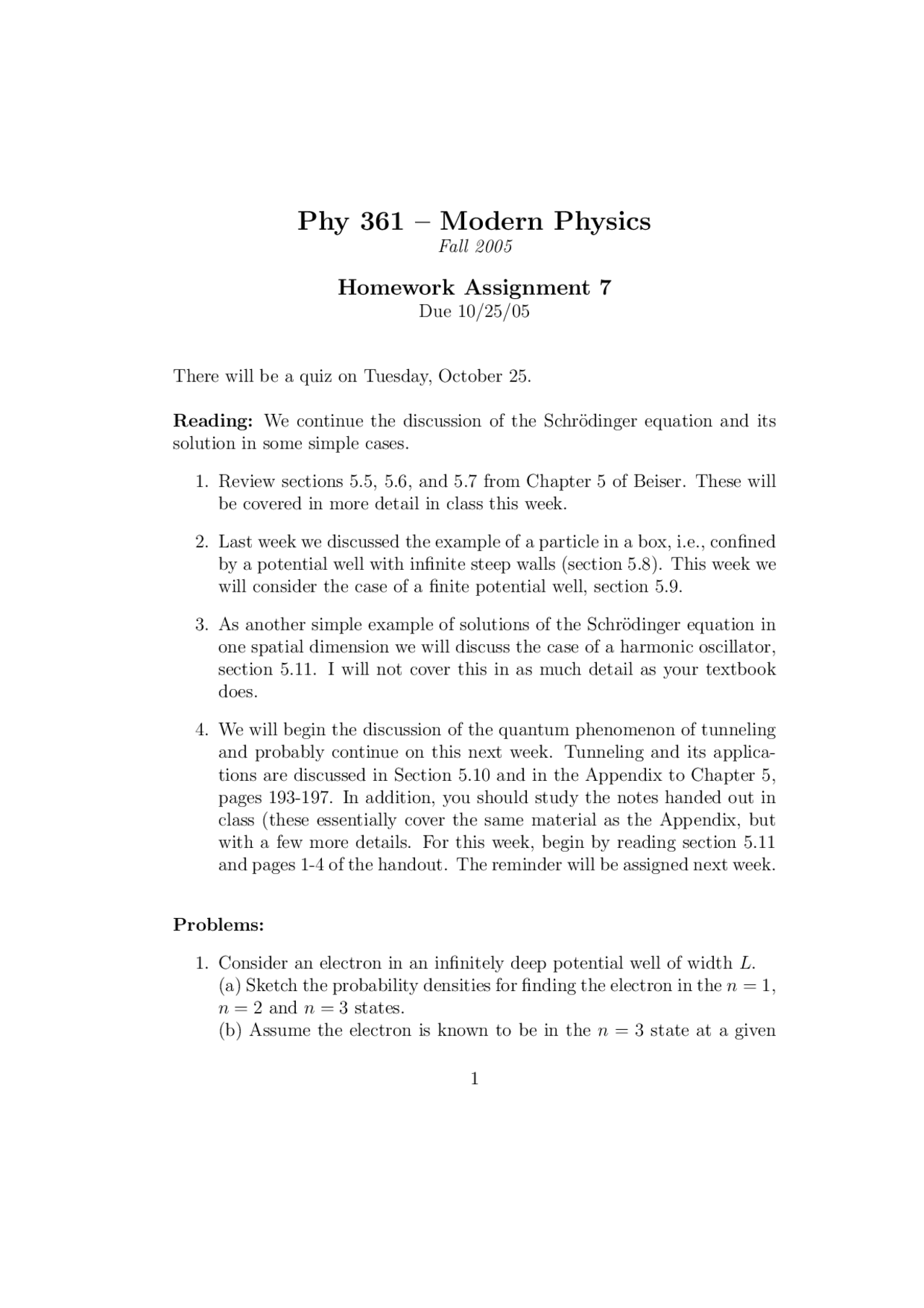 Assignment 7 Sample Questions Modern Physics Fall 2005 Phy 361