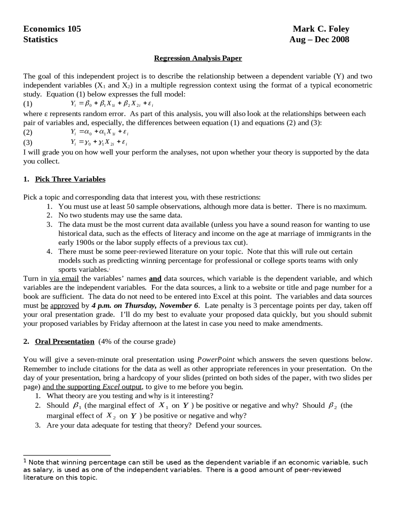 Regression Analysis Paper Project Work Eco 105 Docsity