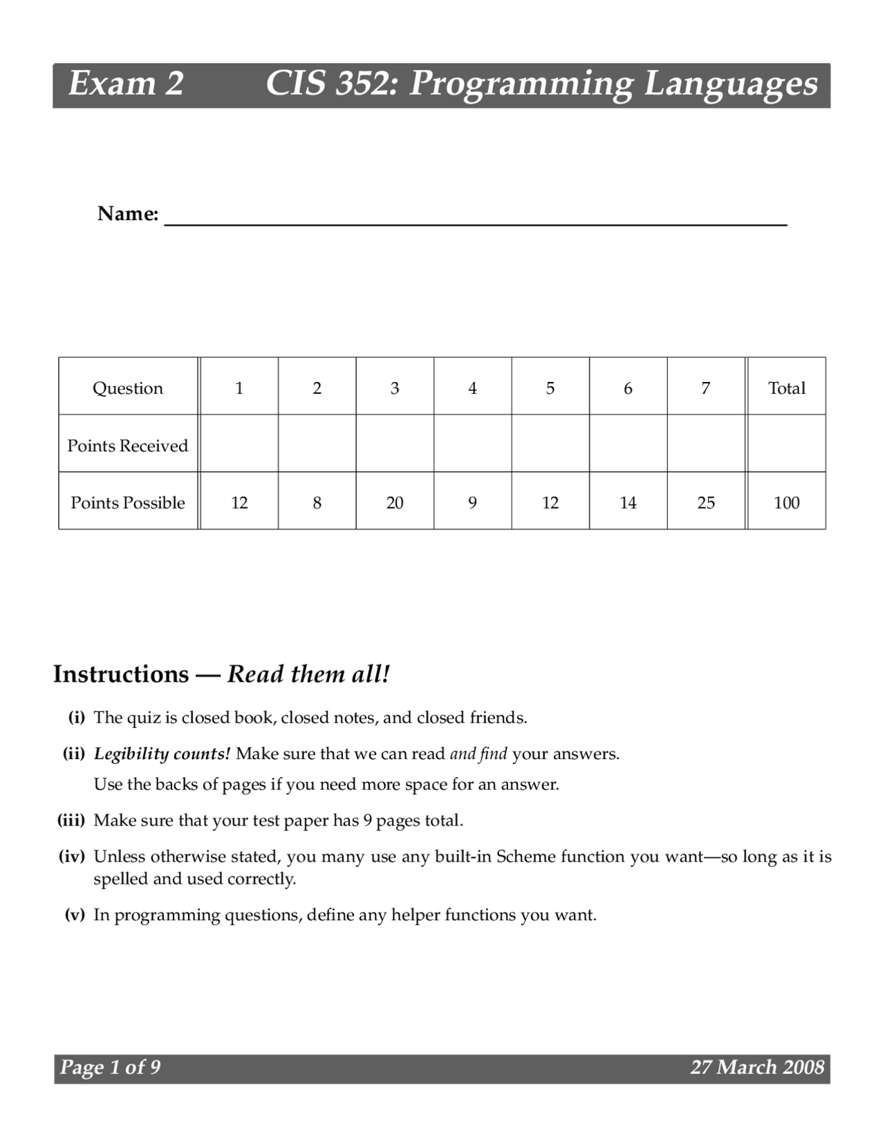 Exam 2 Practice Questions Programming Languages Cis 352 Exams Computer Science Docsity