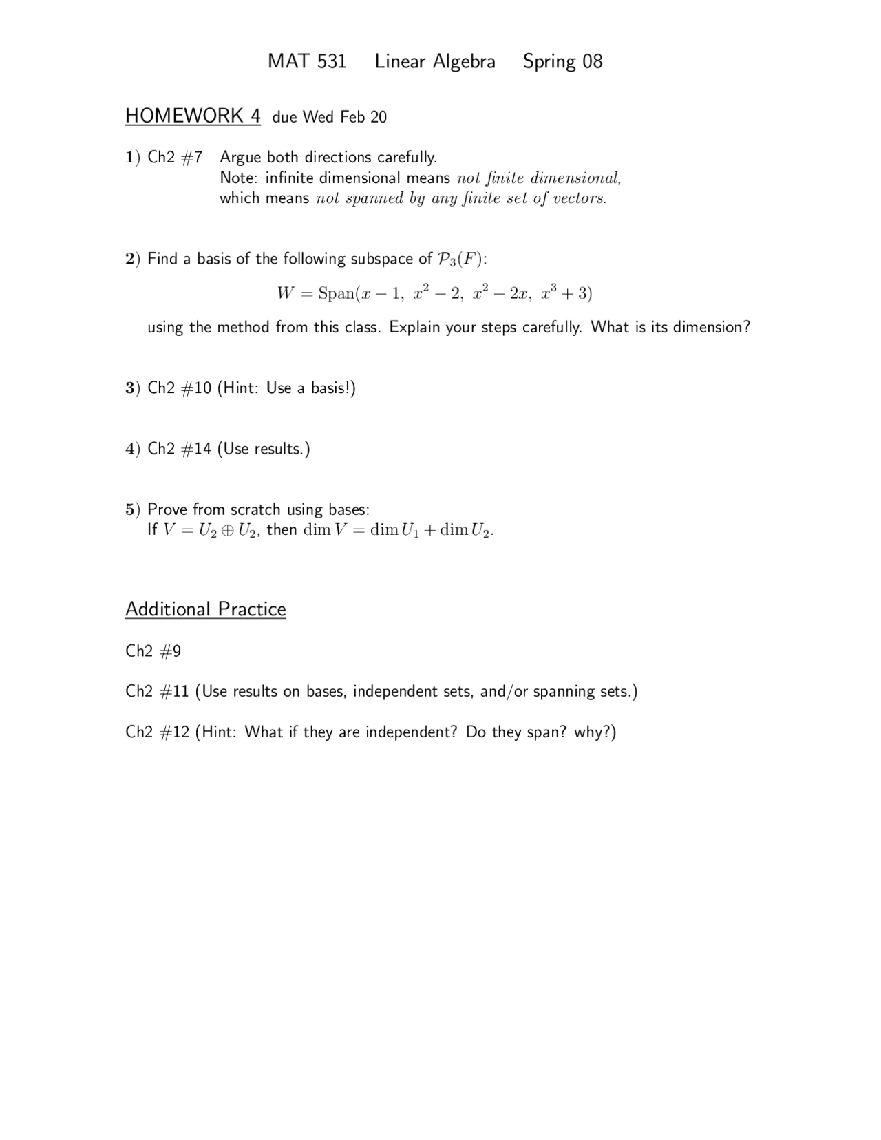 Homework 4 Sample Questions Linear Algebra 2008 Mat 531 Docsity