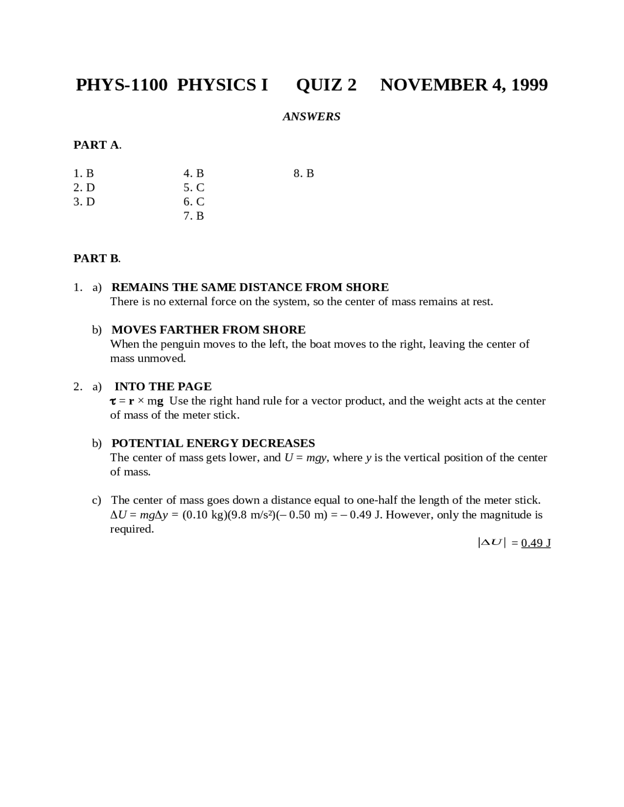 Potential Energy Quiz 2 With Answers Physics I Phys 1100 Docsity