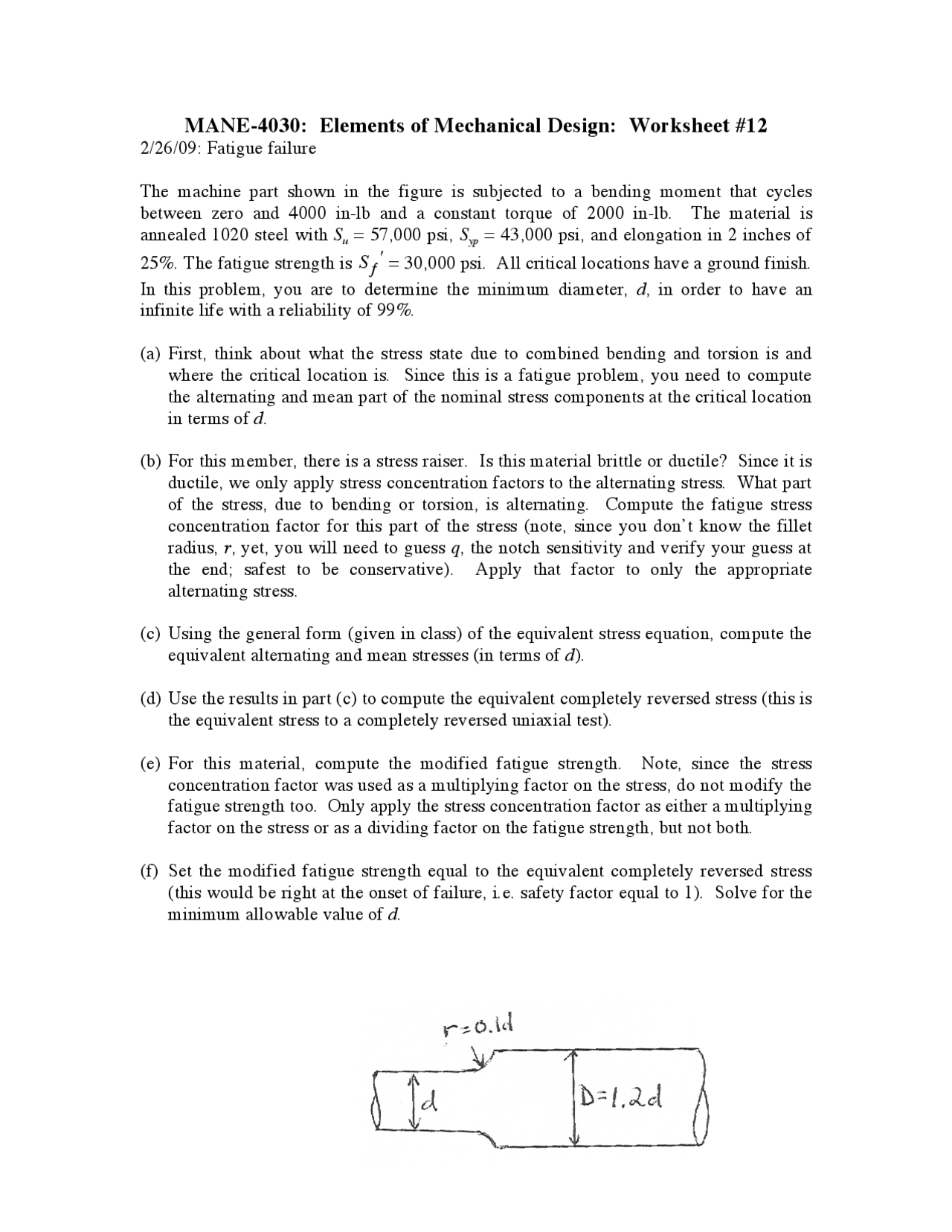 Elements of Mechanical Design - Worksheet 12 | MANE 4030 - Docsity