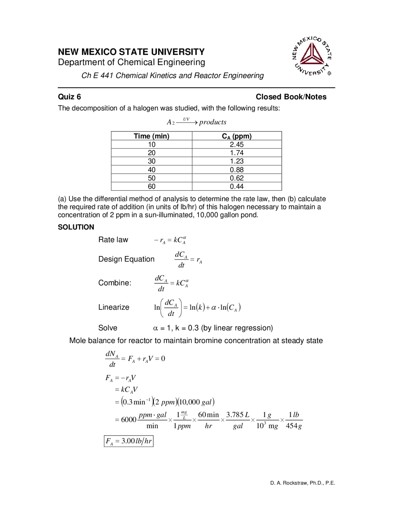 Chemical Kinetics And Reactor Engineering Quiz 6 With Solutions Ch