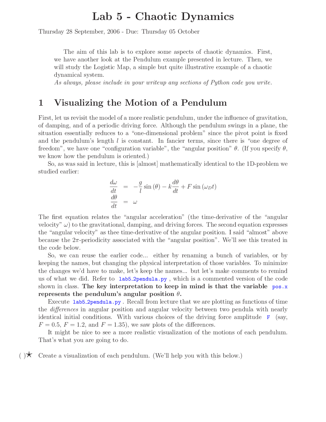 Laboratory 5 Chaotic Dynamics Phy 307 Docsity