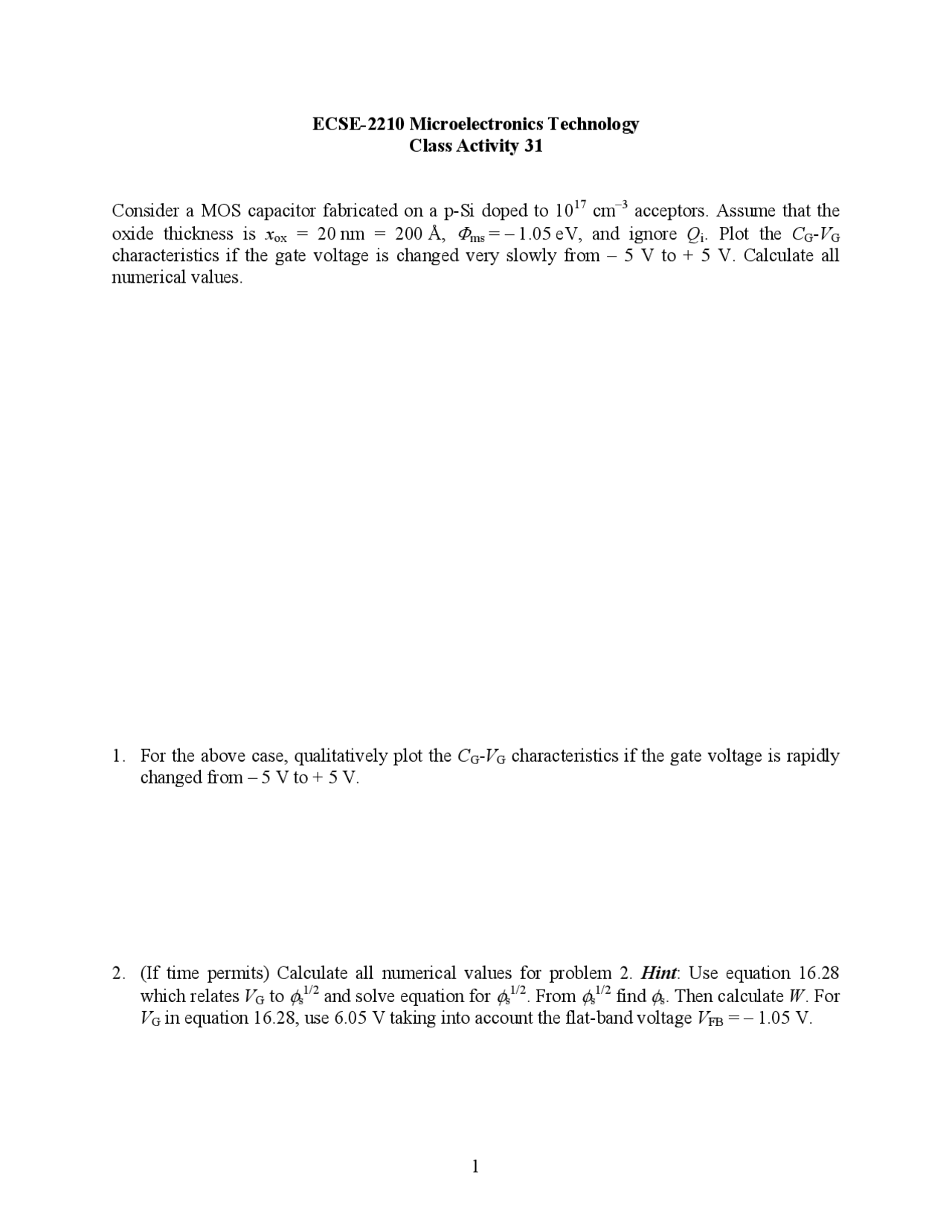 Microelectronics Technology Class Activity 31 Ecse 2210 Docsity