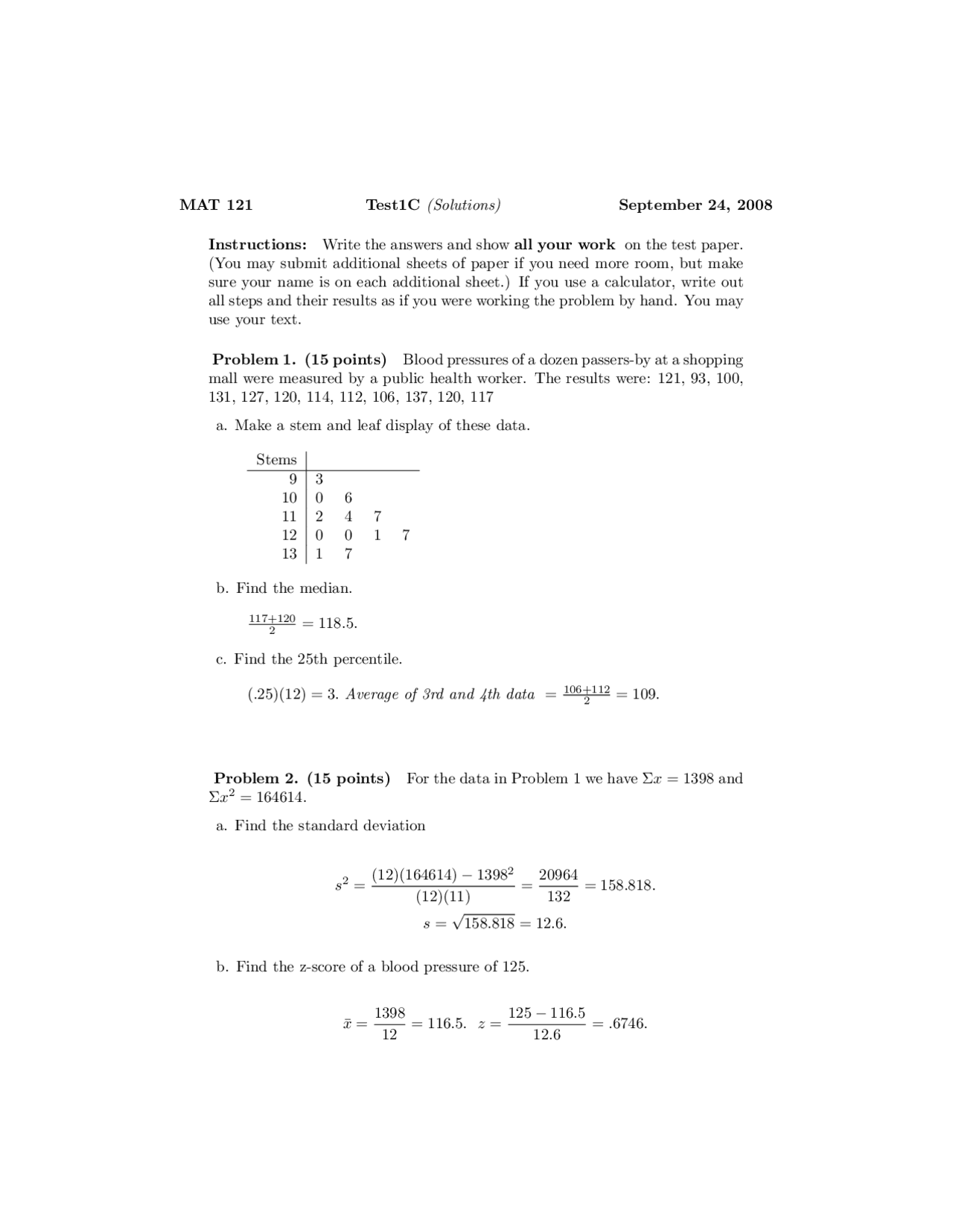 Test 1 Problem - Probability and Statistics for the Liberal Arts I ...