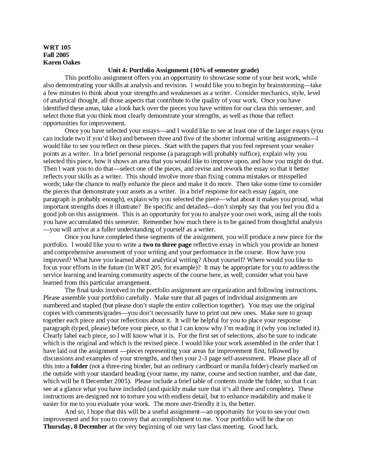 Assignment 10 - Studio 1: Practices of Academic Writing | WRT 105 - Docsity