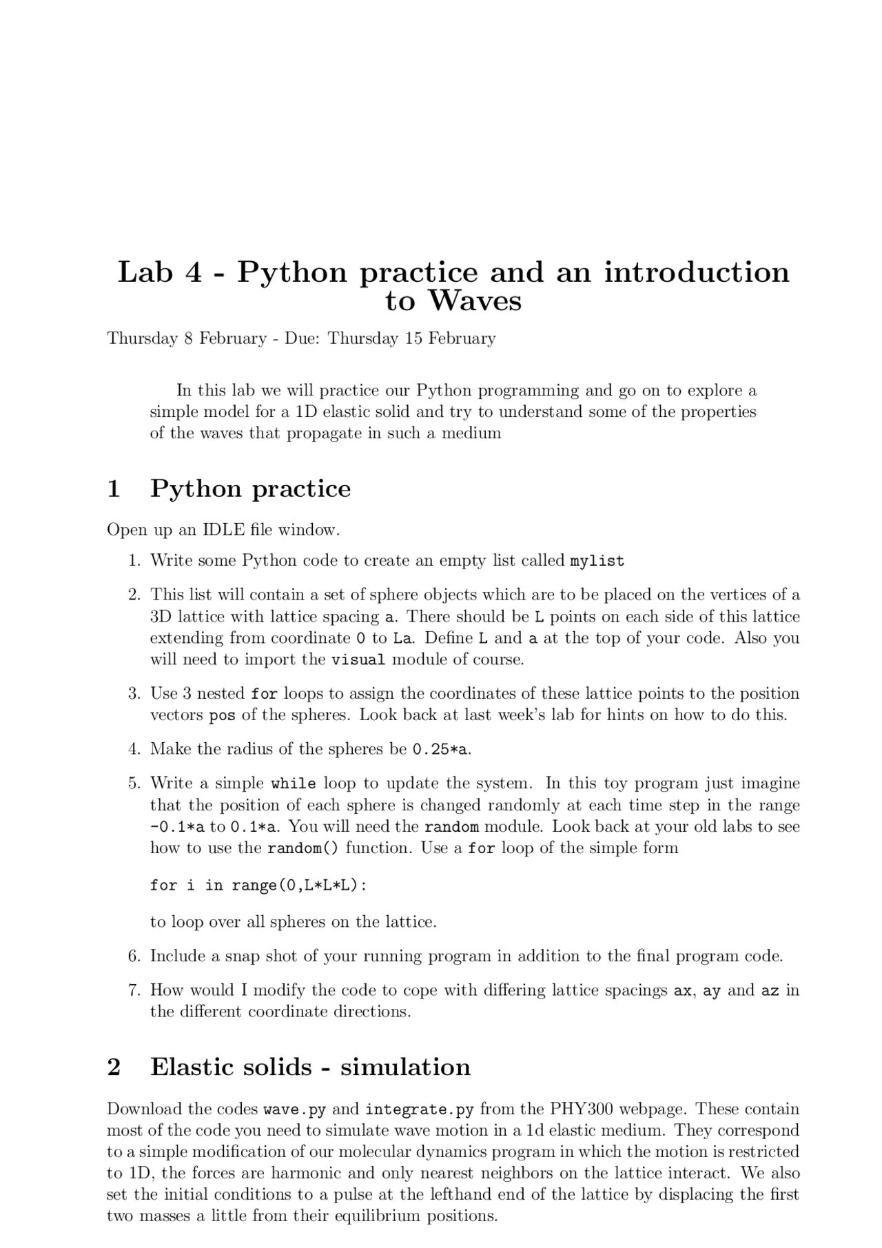 Python Practice and an Introduction to Waves - Lab 4 | PHY 300 - Docsity
