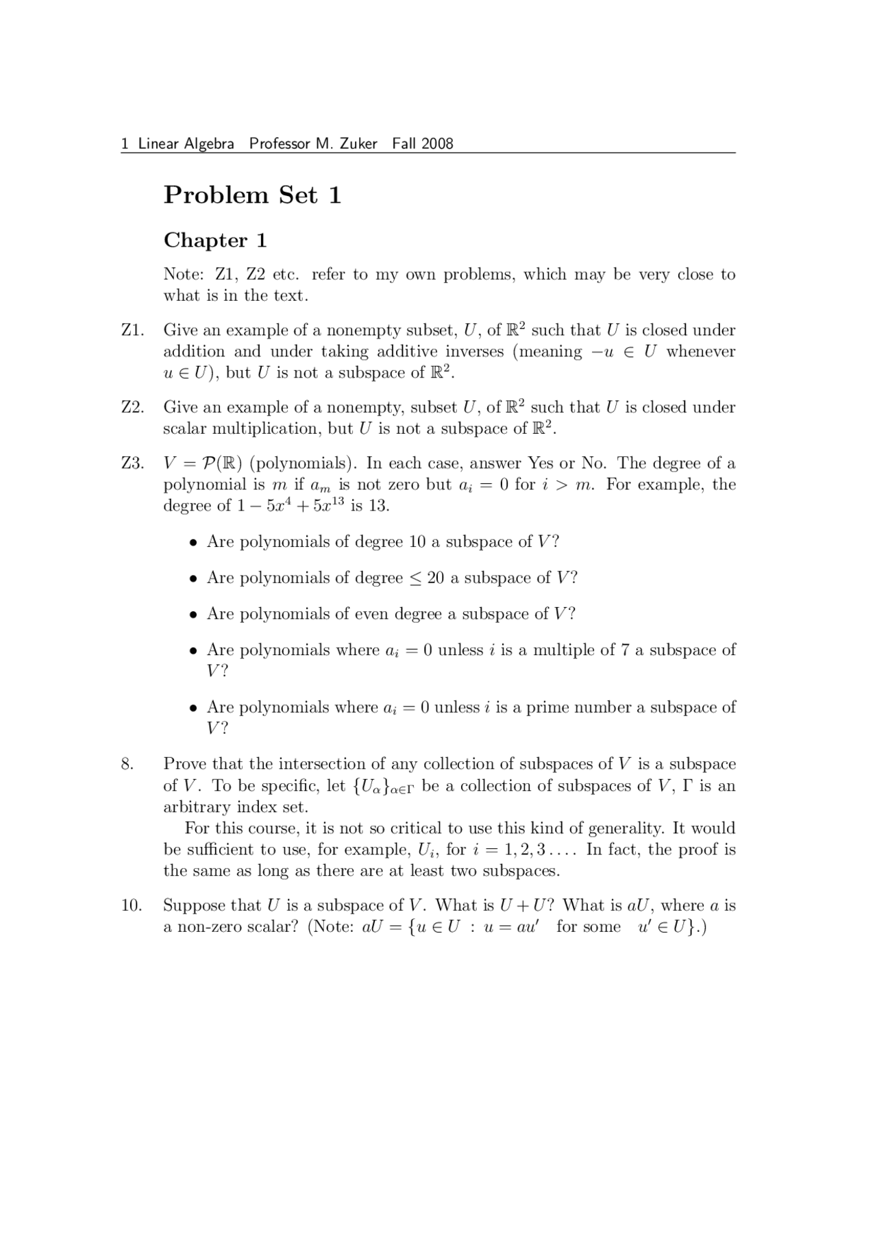 Linear Algebra Problem Set 1 Fall 2008 Math 4100 Docsity
