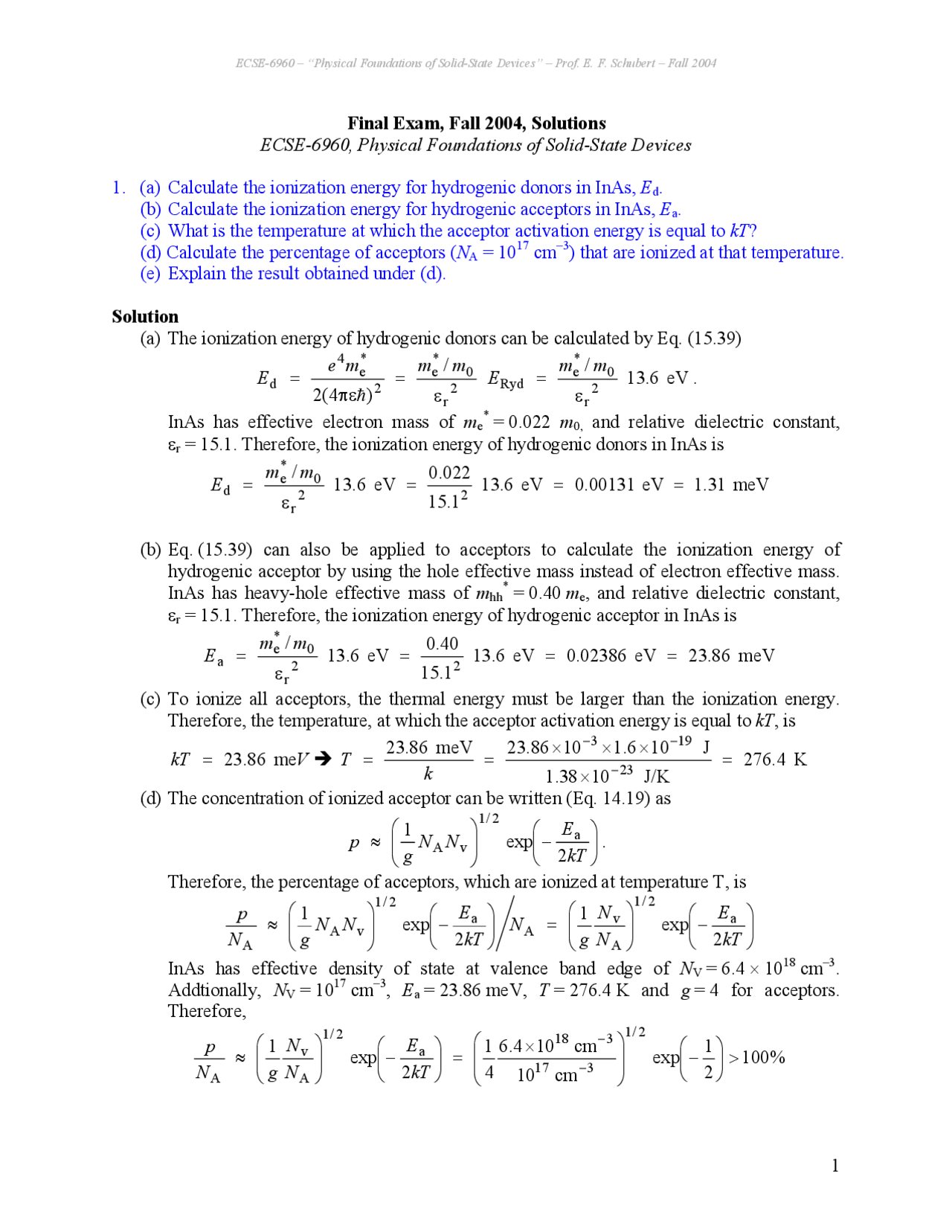 Final Exam With Solutions Physical Foundations Of Solid State Devices