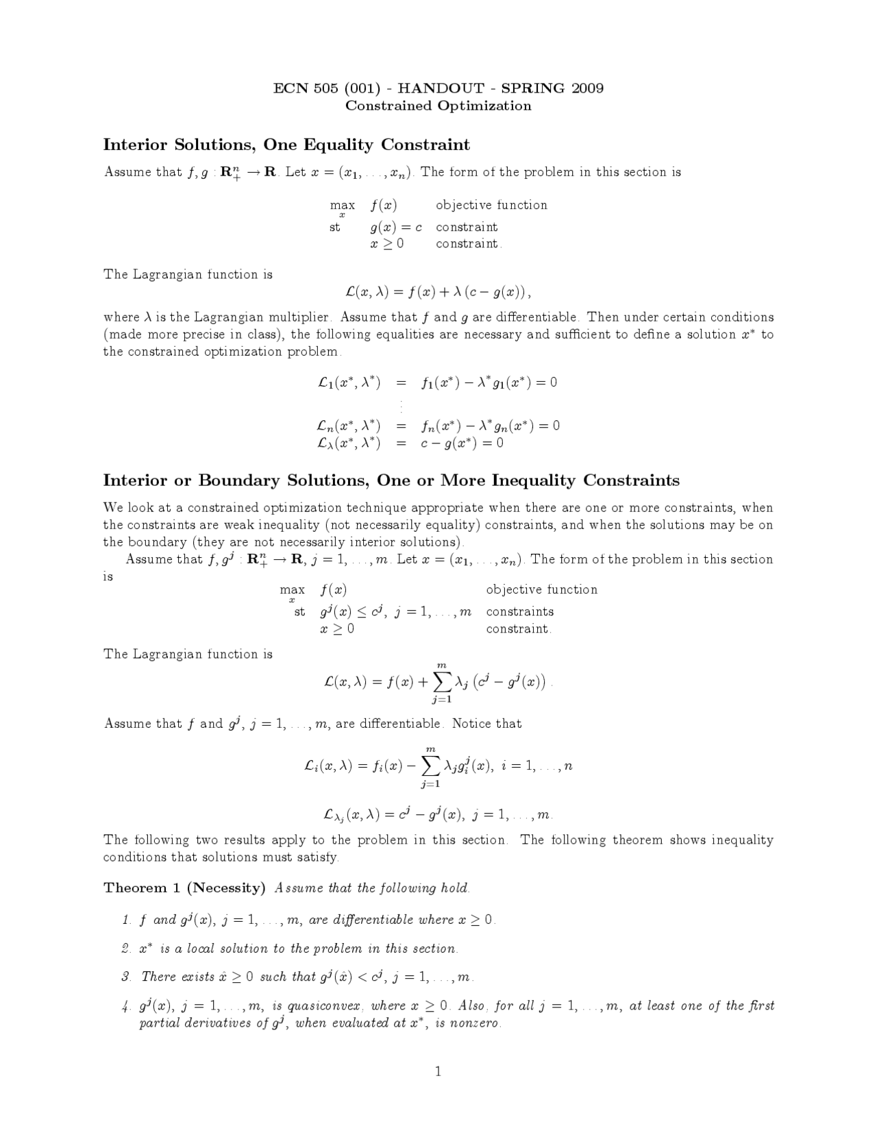 Interior Solution One Equality Constrained Handout Spring 2009