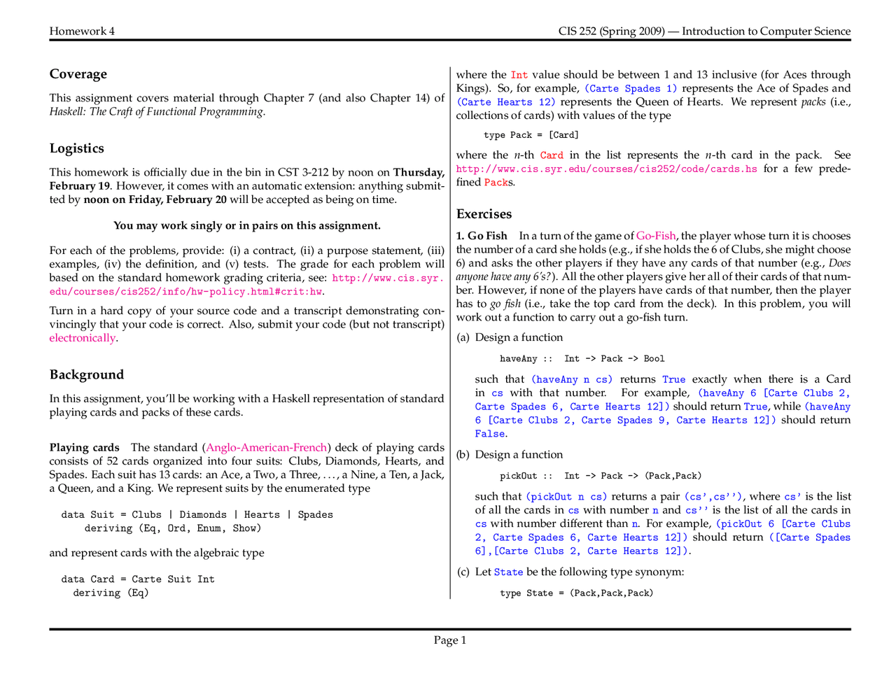 Homework 4 Solved Computer Science Spring 2009 Cis 252 Docsity