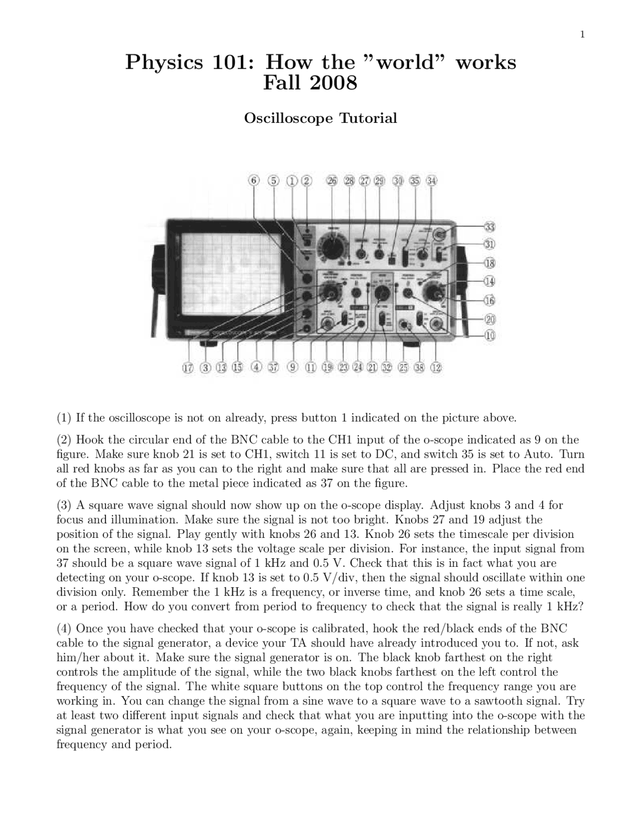Oscilloscope Tutorial Lab 1 Fall 2008 Phy 101 Docsity