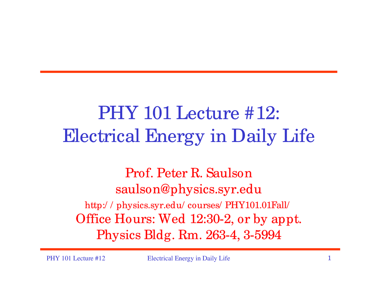 Electrical Energy In Daily Life Lecture Sides Phy 101 Docsity